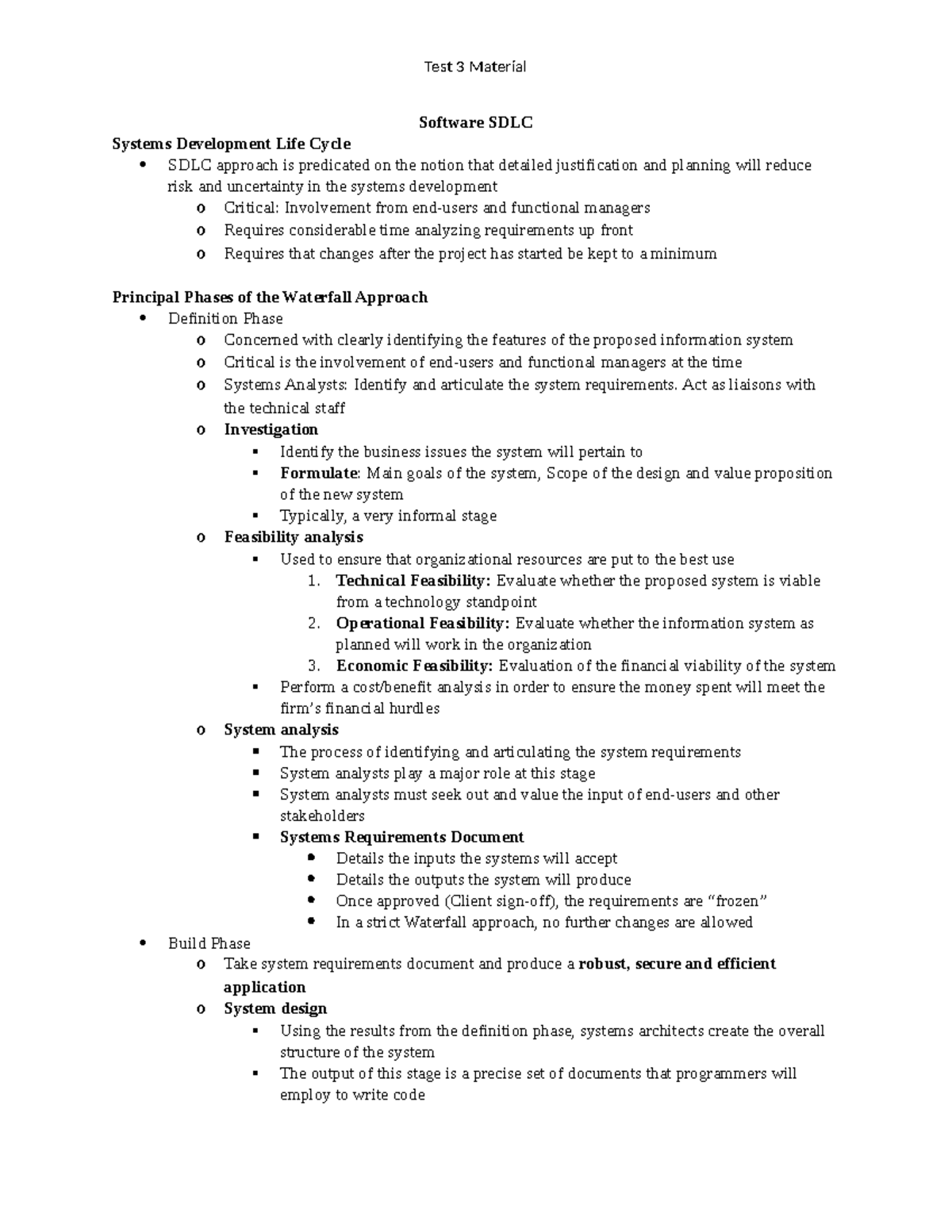 MIS test 3 Material - Software SDLC Systems Development Life Cycle SDLC ...
