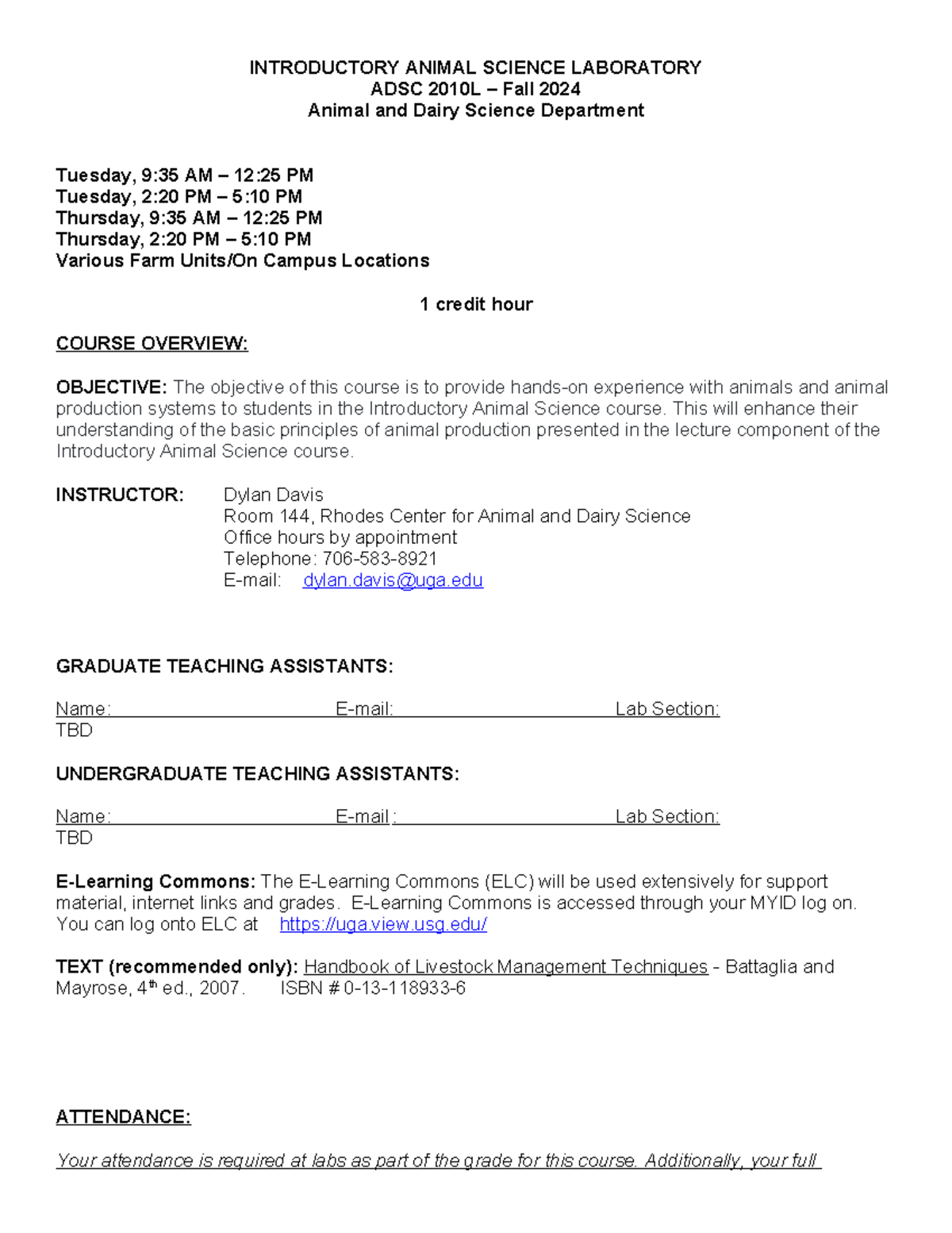 ADSC 2010 L FAll 2024 Syllabus - INTRODUCTORY ANIMAL SCIENCE LABORATORY ...