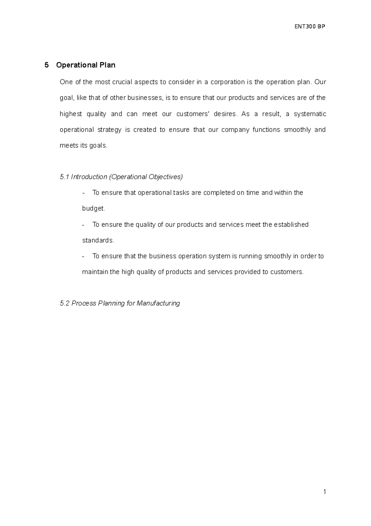 Draft Operational Planfor business plan - 5 Operational Plan One of the ...