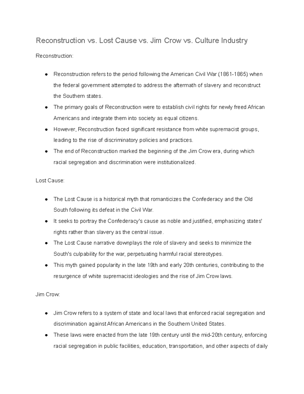 Seminar 2c.1.1 Chapter 2 - Reconstruction vs. Lost Cause vs. Jim Crow ...