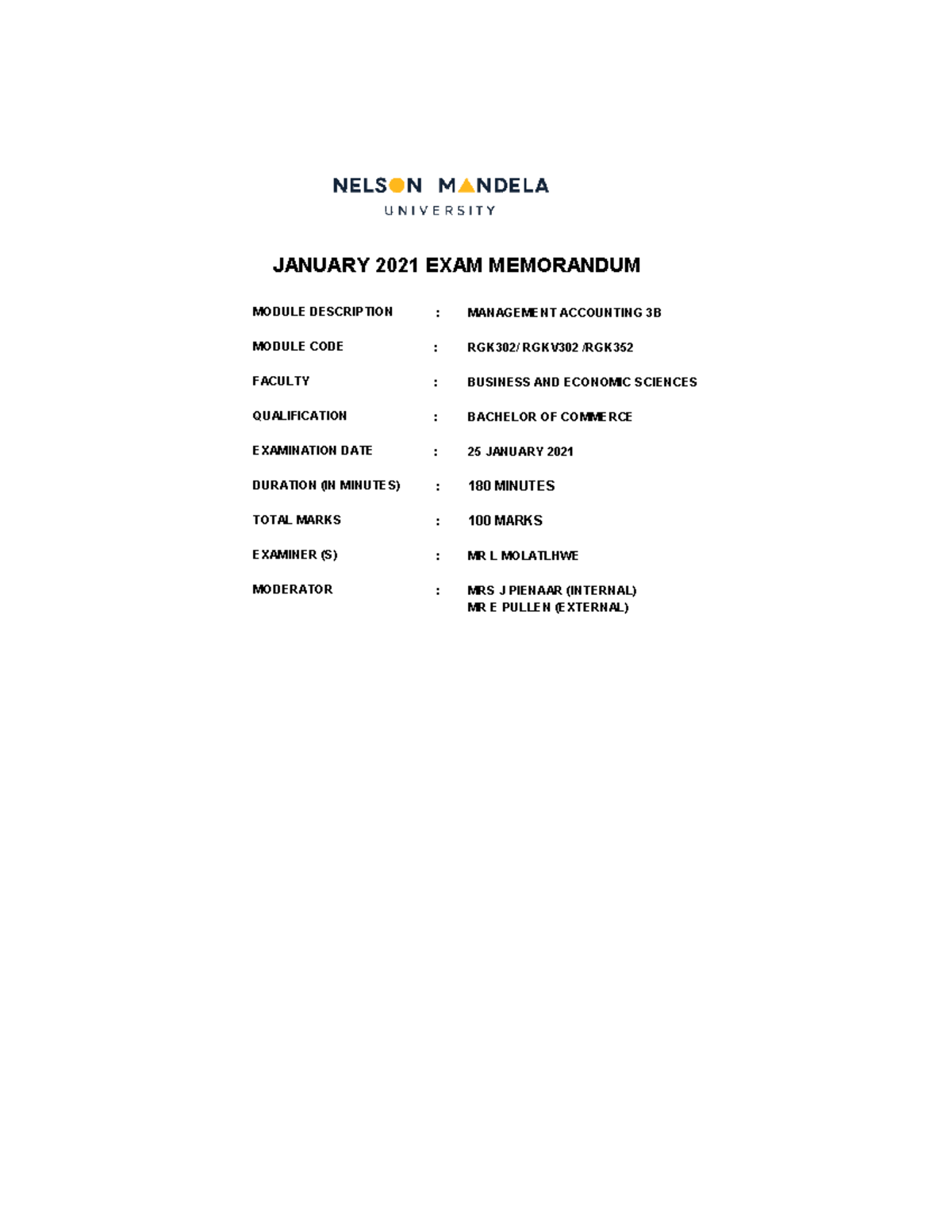 RGKV302 Exam Memo Dec 20 - Jan 21 - : MANAGEMENT ACCOUNTING 3B : RGK302 ...