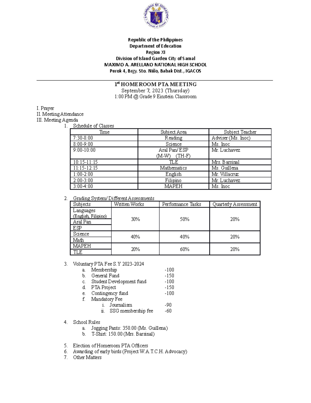 Meeting-agenda - Meeting Agenda for classroom - Republic of the ...