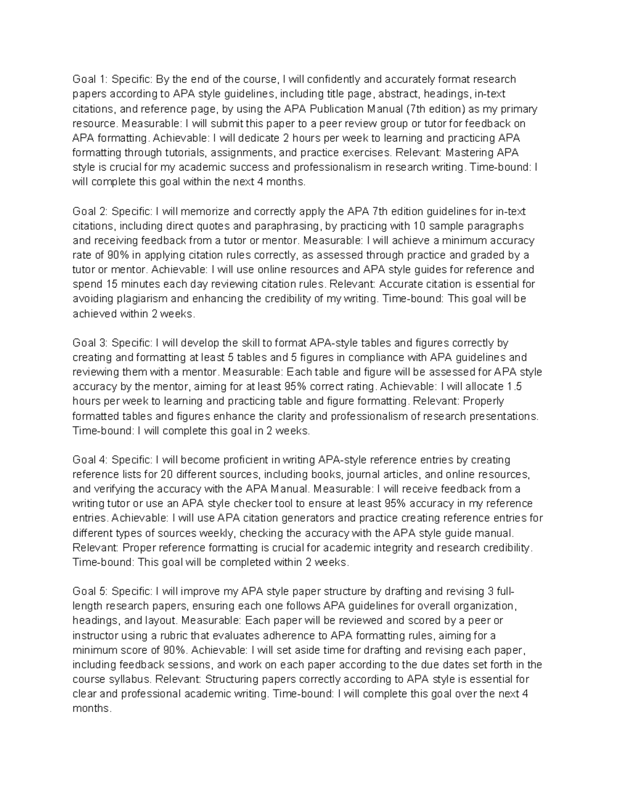 Goals for APA - Goal 1: Specific: By the end of the course, I will ...