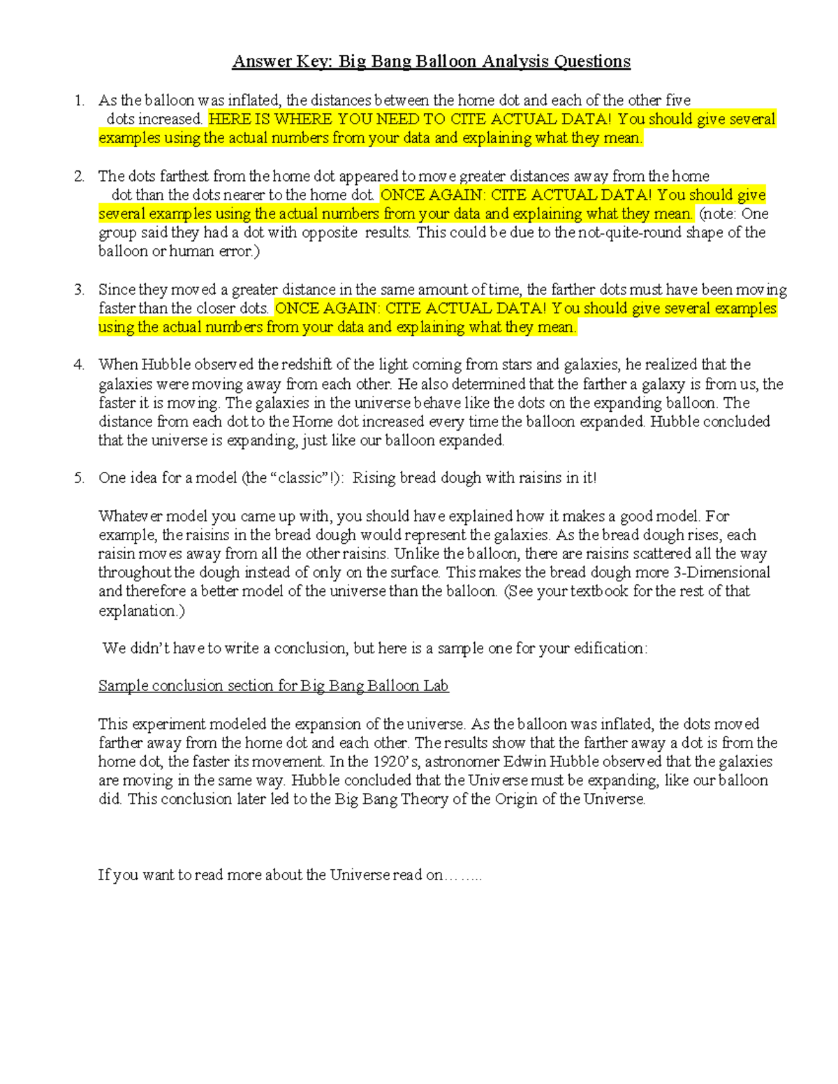Big bang balloon answer key with notes on the universe - Answer Key ...