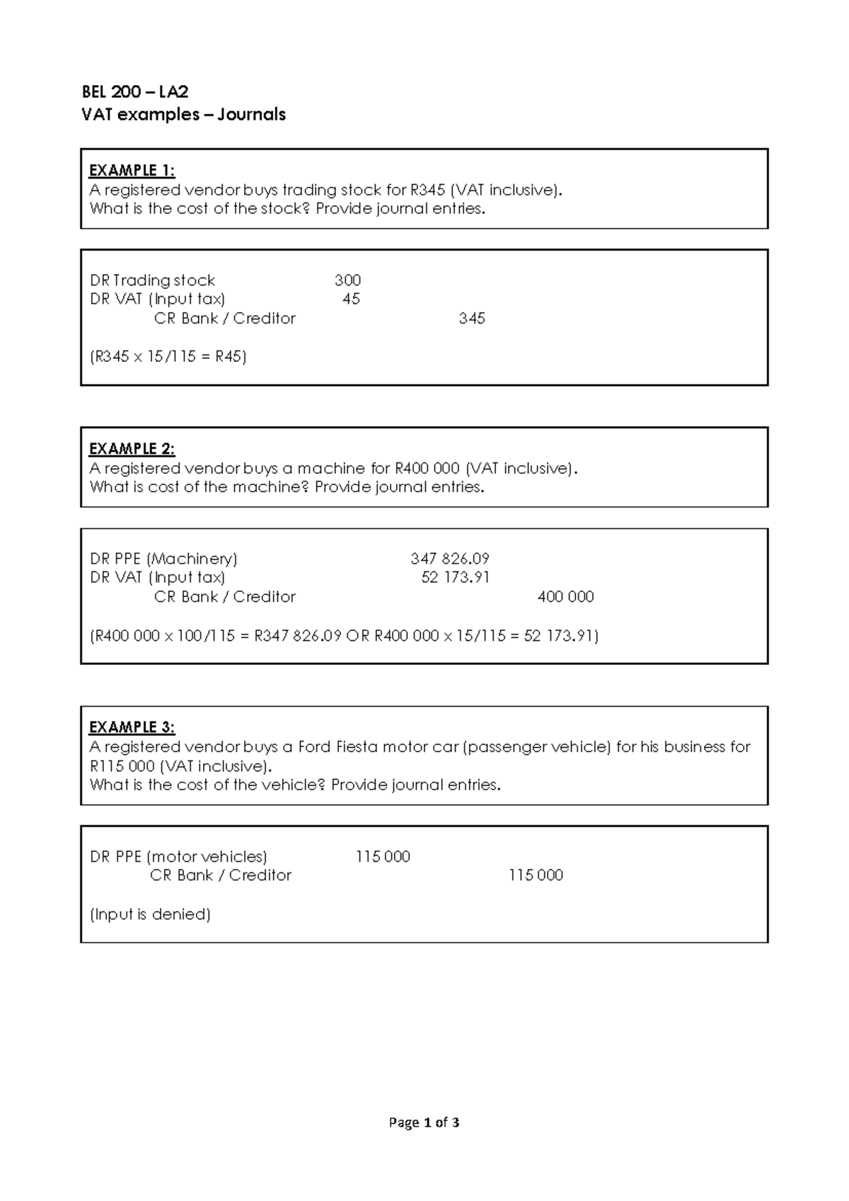 BEL200 LA2 VAT journal examples Solution - Page 1 of 3 BEL 200 – LA VAT ...