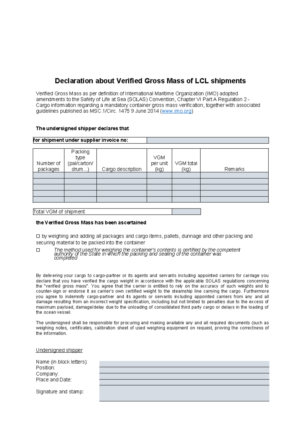 CP Solas VGM Form EN LCL-1 - for shipment under supplier invoice no ...