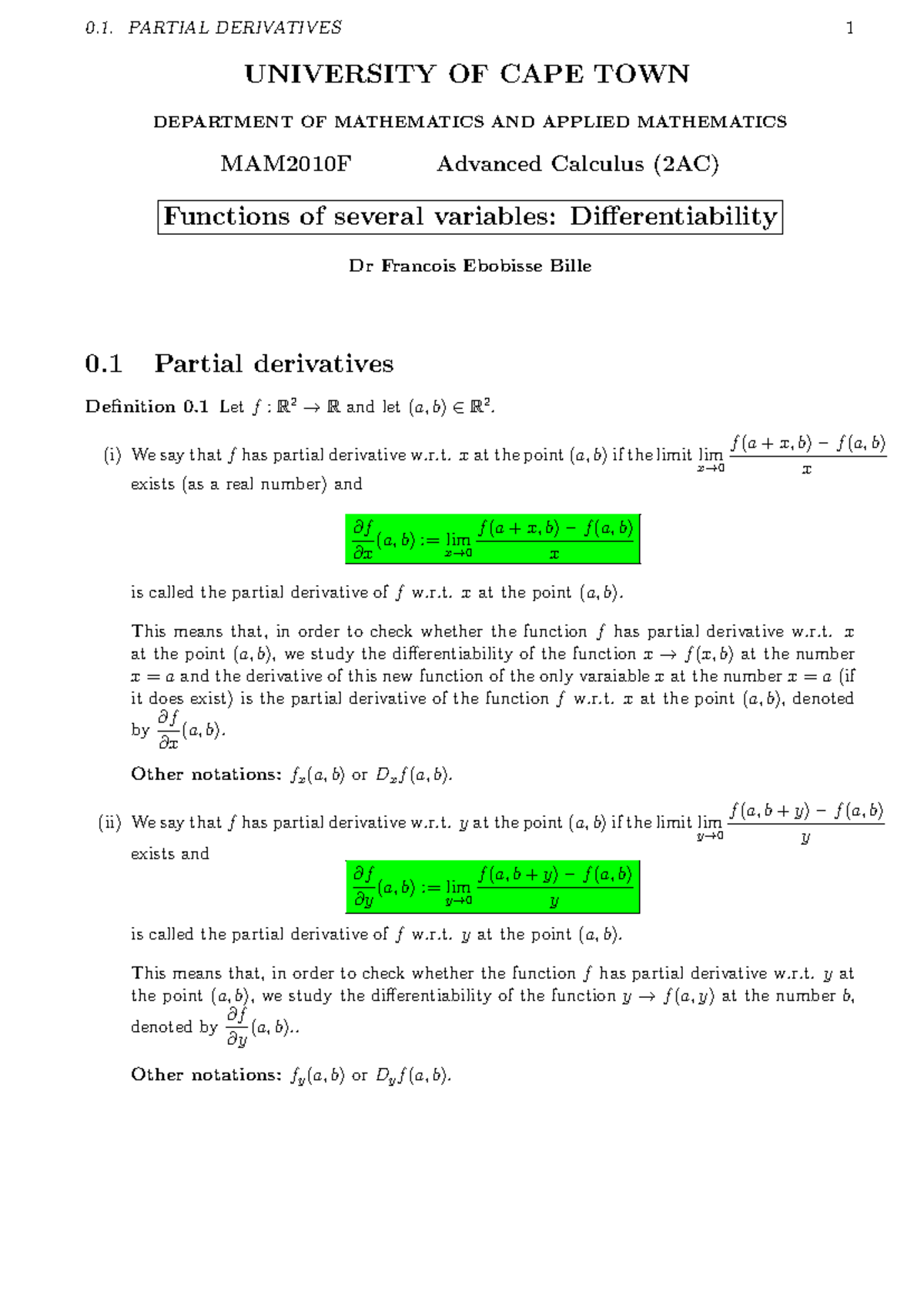 Differentiability-I - 0. PARTIAL DERIVATIVES 1 UNIVERSITY OF CAPE TOWN DEPARTMENT OF MATHEMATICS ...