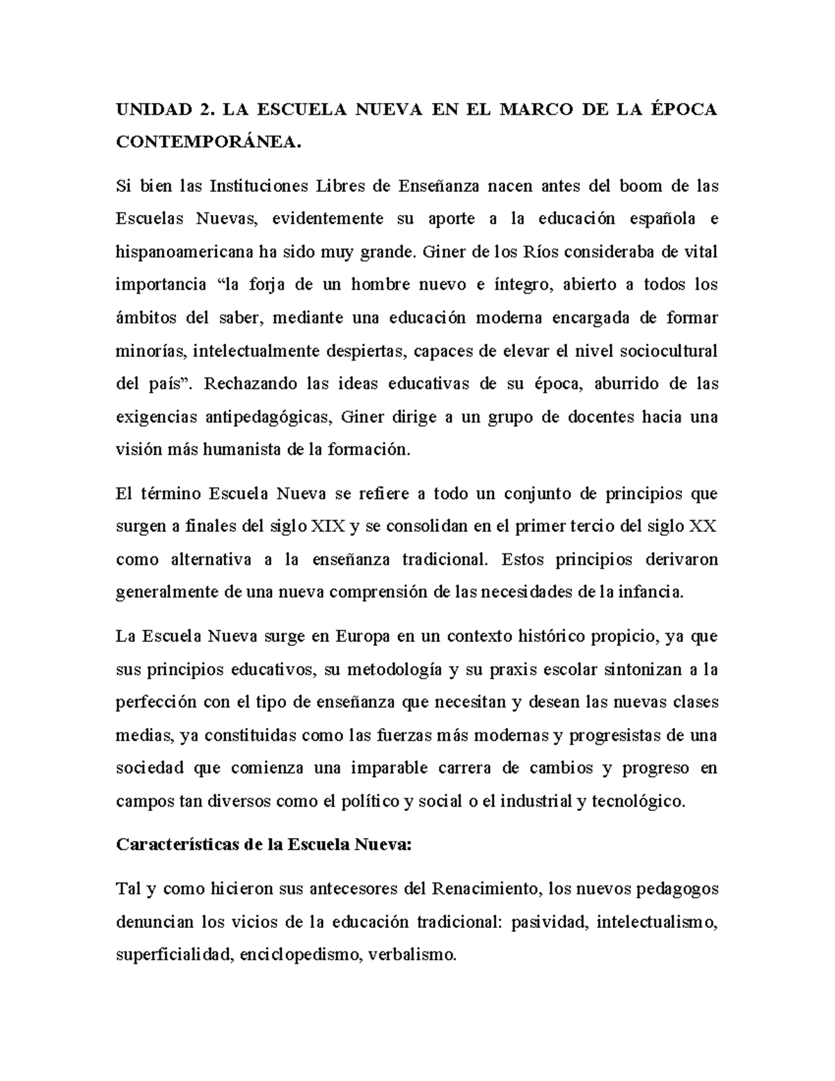 Unidad 2. Resumen LA Escuela Nueva EN EL Marco DE LA Época ...