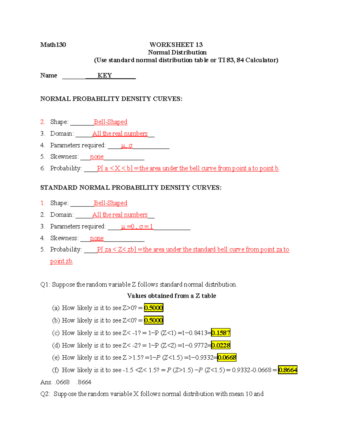 Worksheet-13-normal Distribution Solutions - Math130 WORKSHEET 1 3 ...