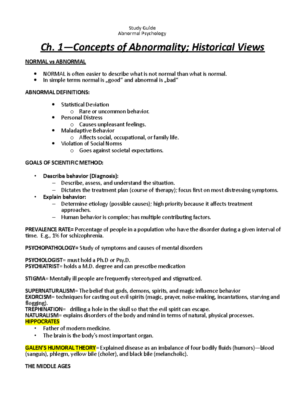 Stguide 1 - Study guide for abnormal psychology chapters 1-3 - Study ...