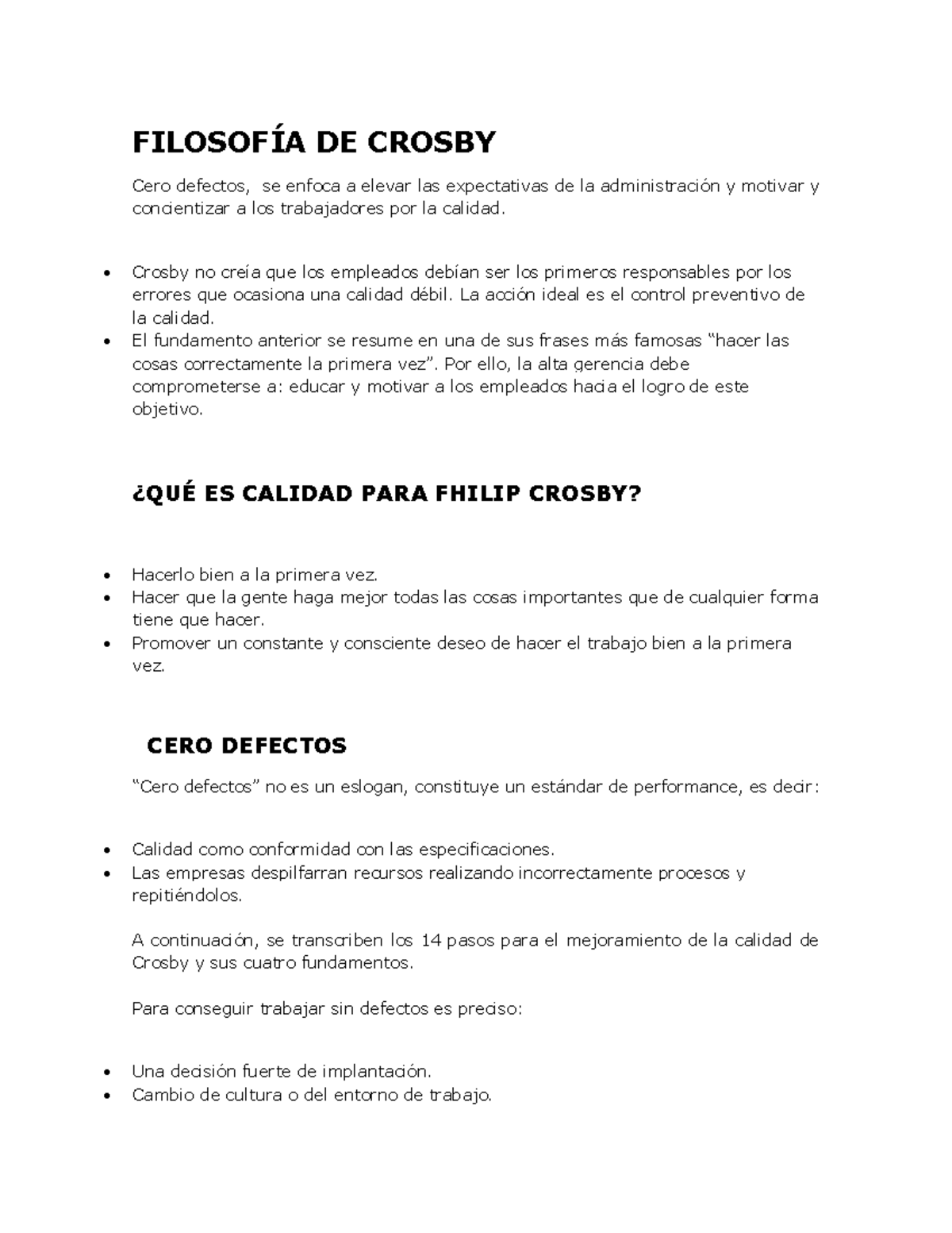 FilosofÍa DE Crosby - Apuntes 1 - FILOSOFÍA DE CROSBY Cero defectos, se ...