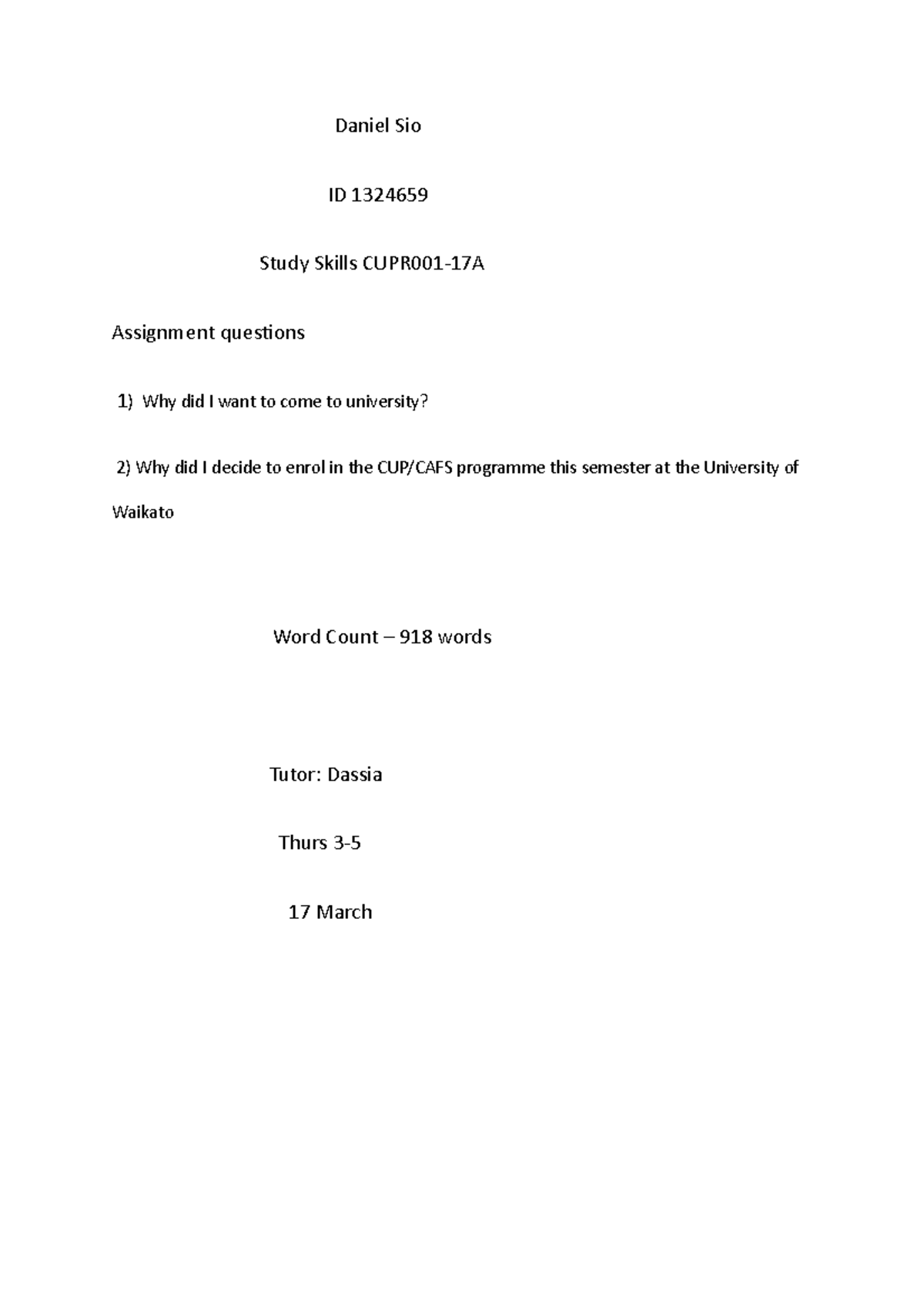 Study Skills Assignment One - Daniel Sio ID 1324 659 Study Skills ...