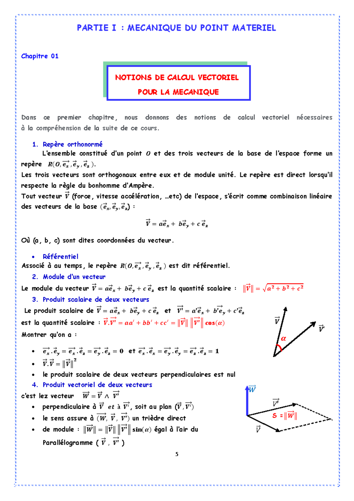 Cours MDP 09-24 Btk-M Ch1 Etudiant - 𝑽’ 𝑽 𝜶 PARTIE I : MECANIQUE DU ...
