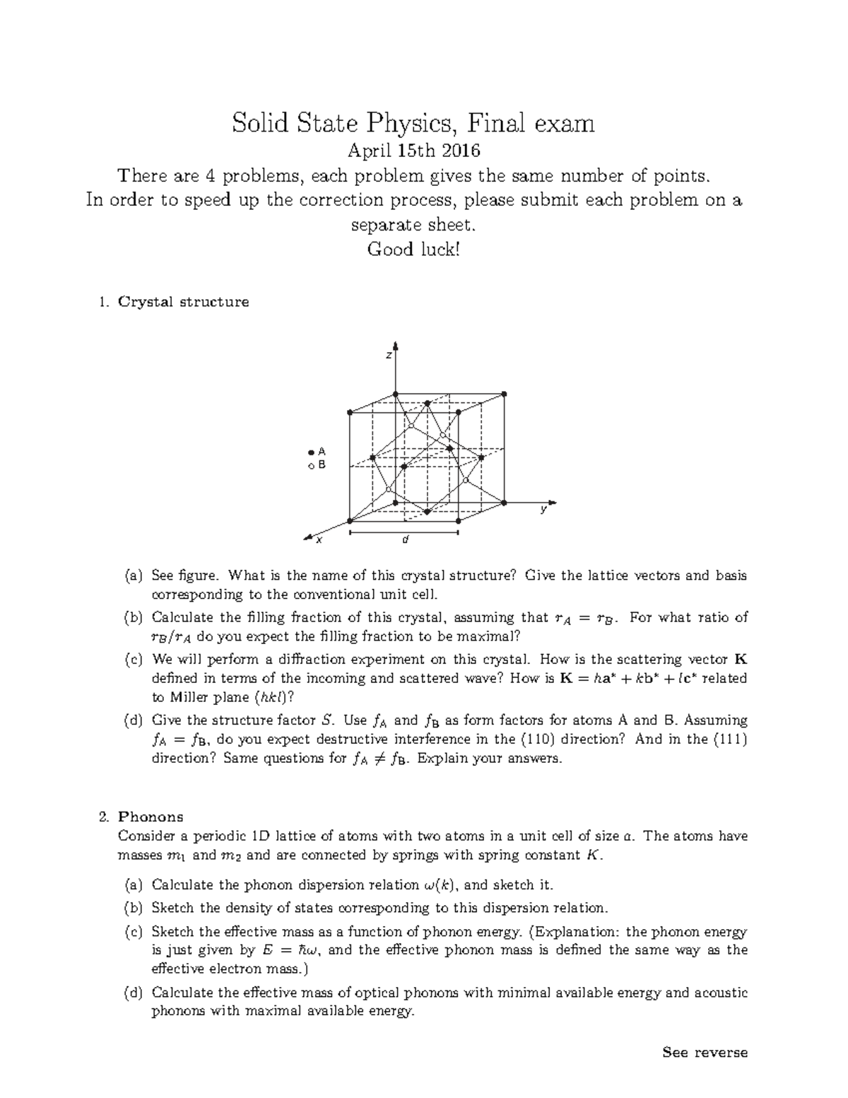 Exam 15 April 2016, questions - Solid State Physics, Final exam April ...