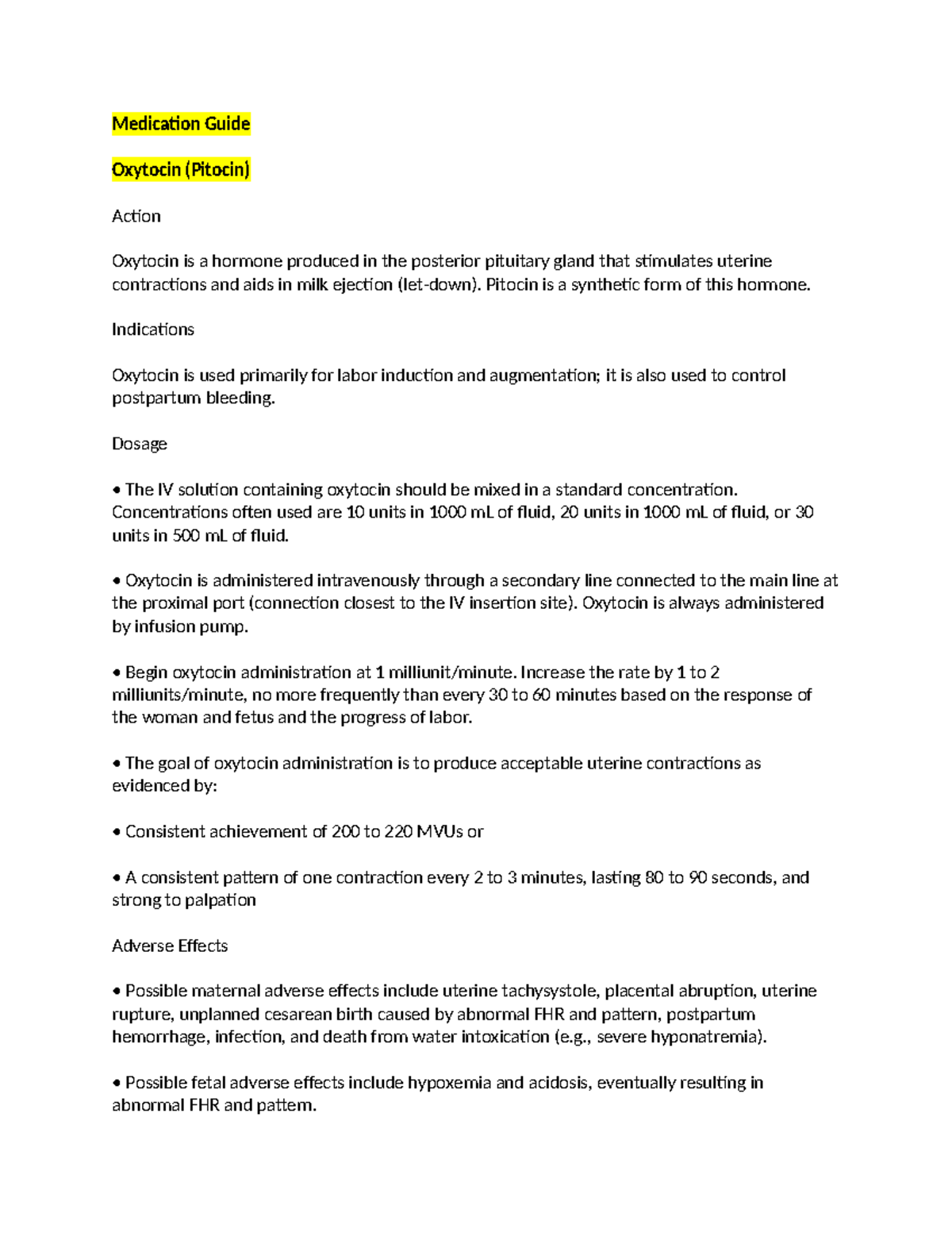 Medication Guide - Medication Guide Oxytocin (Pitocin) Action Oxytocin ...