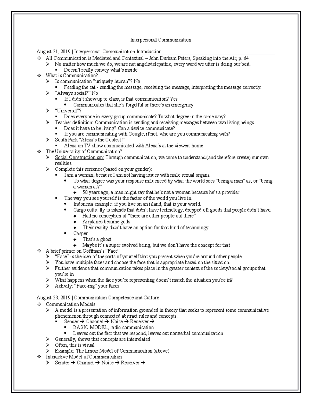 COM 212 Notes - Interpersonal Communication August 21, 2019 ...