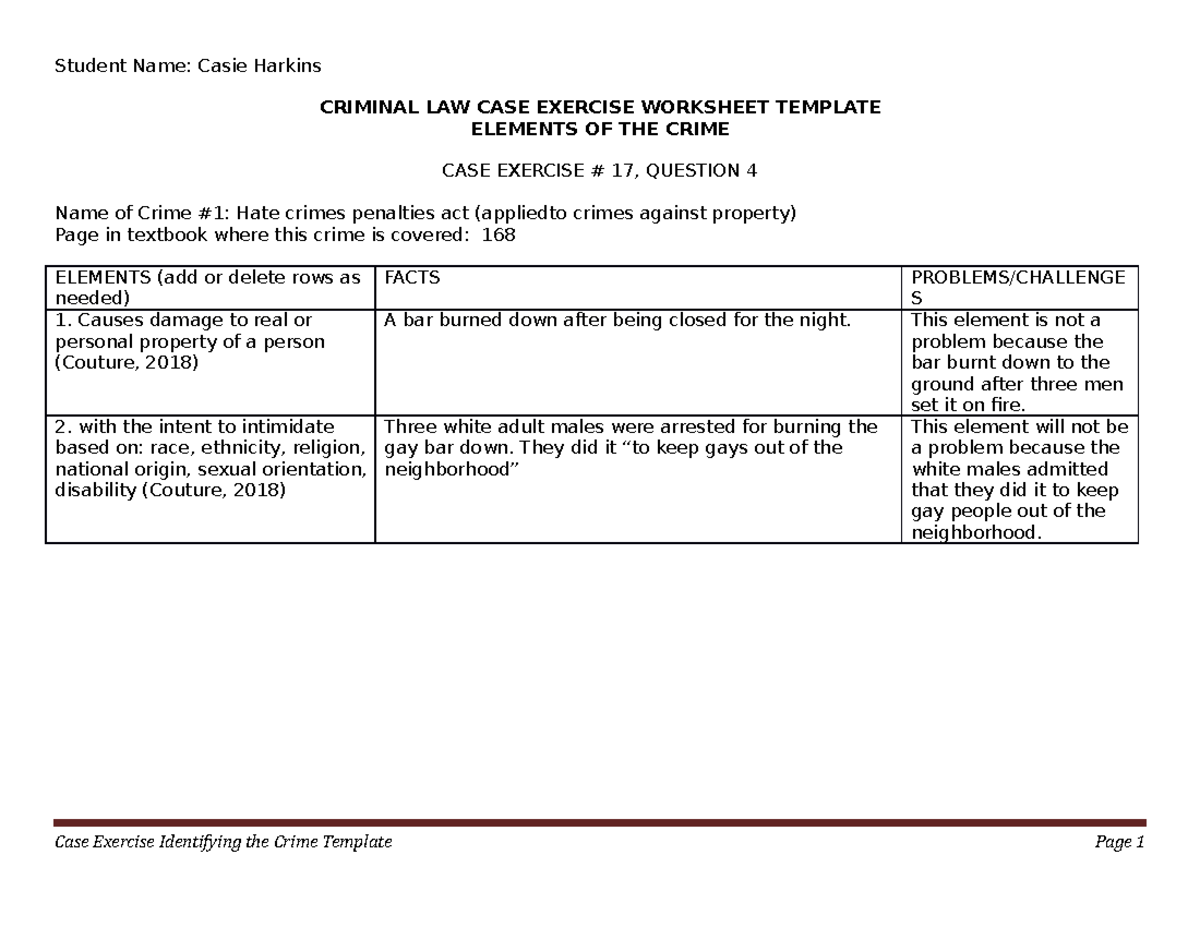 Criminal law case 17 problem 4 - Student Name: Casie Harkins CRIMINAL ...