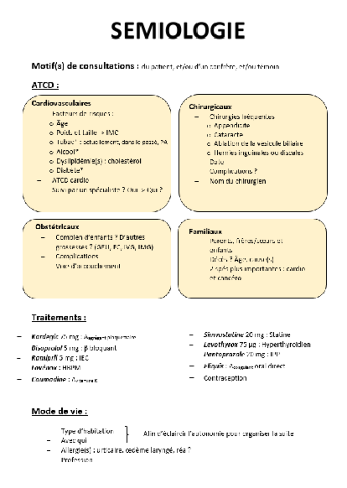 Fiche interrogatoire A6 - SEMIOLOGIE Motif(s) de consultations : du ...