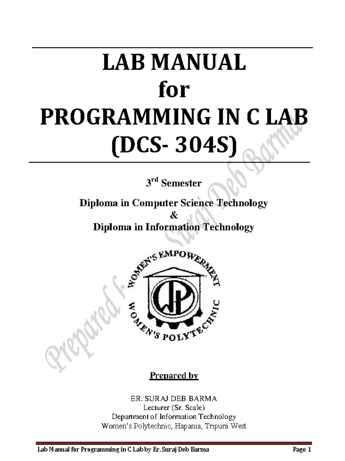 C Programming Lab Lab Manual For Programming In C Lab Dcs 304s 3