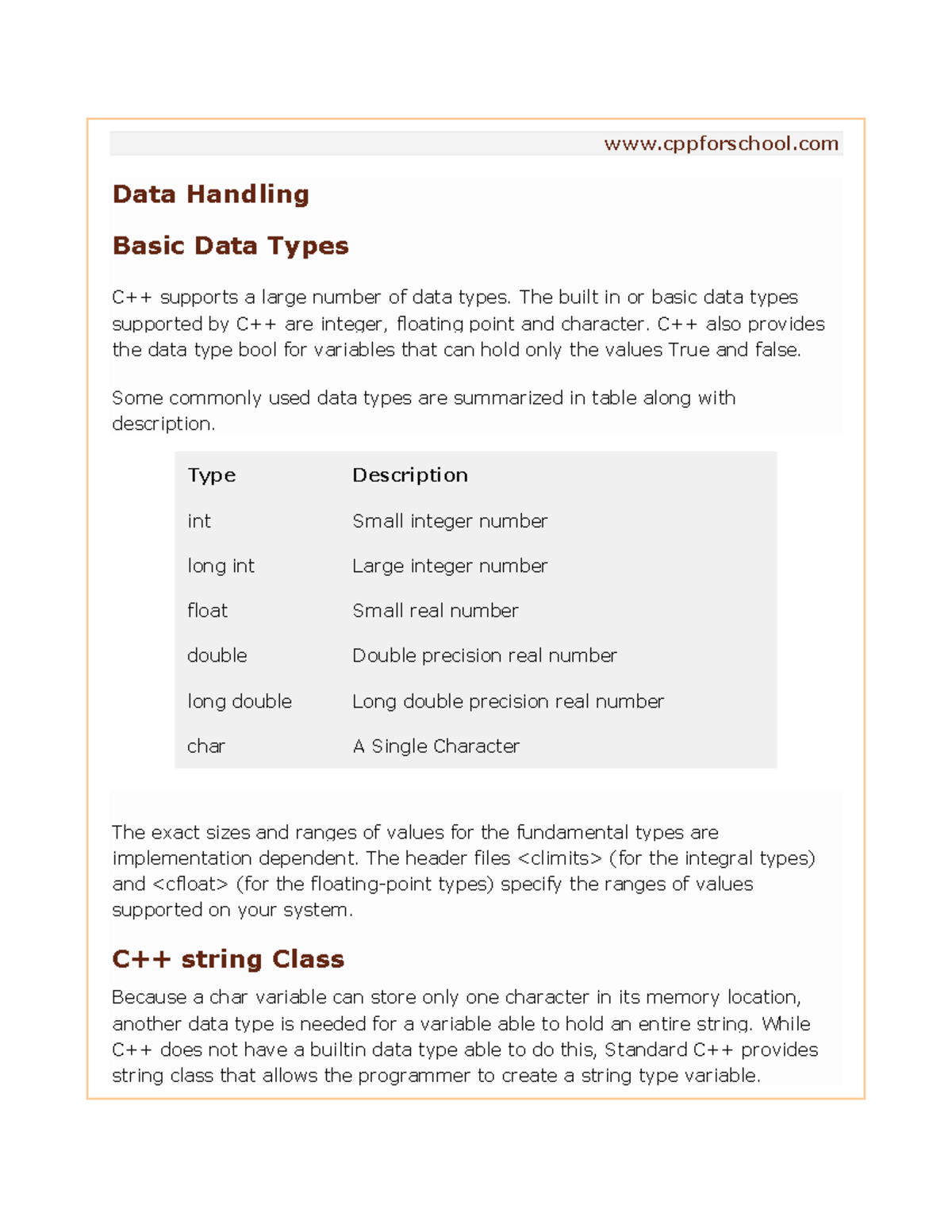Chapter 6 basic data type - cppforschool Data Handling Basic Data Types C++ supports a large ...