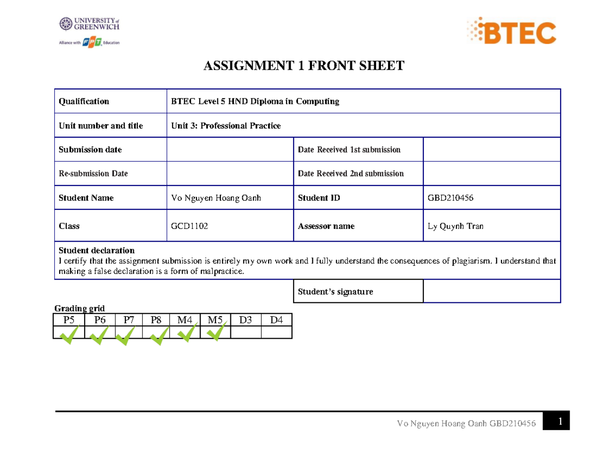 Vo Nguyen Hoang Oanh (FGW DN) 478286 0 - ASSIGNMENT 1 FRONT SHEET ...