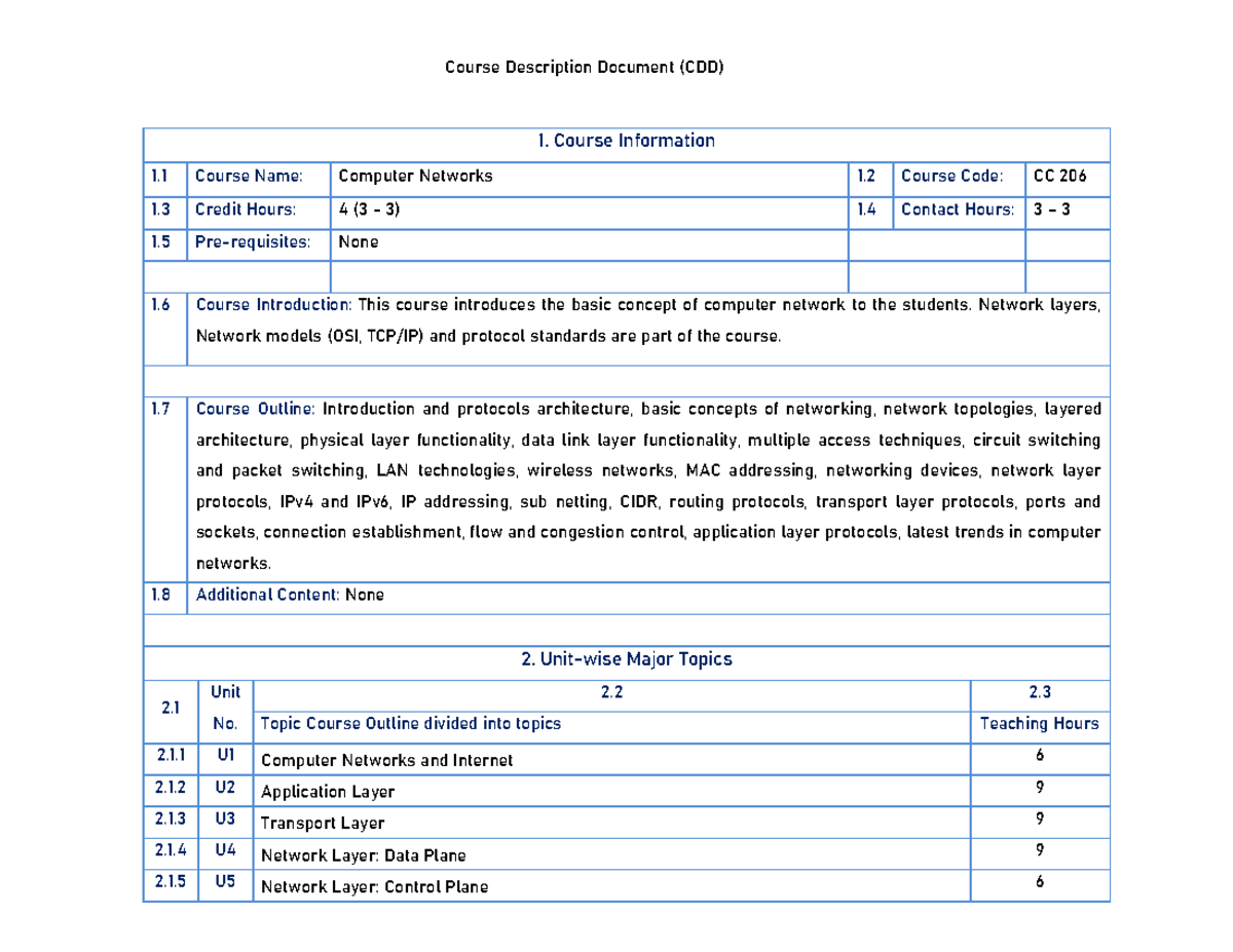 CC206 Computer Networks - CDD - 1. Course Information 1 Course Name ...