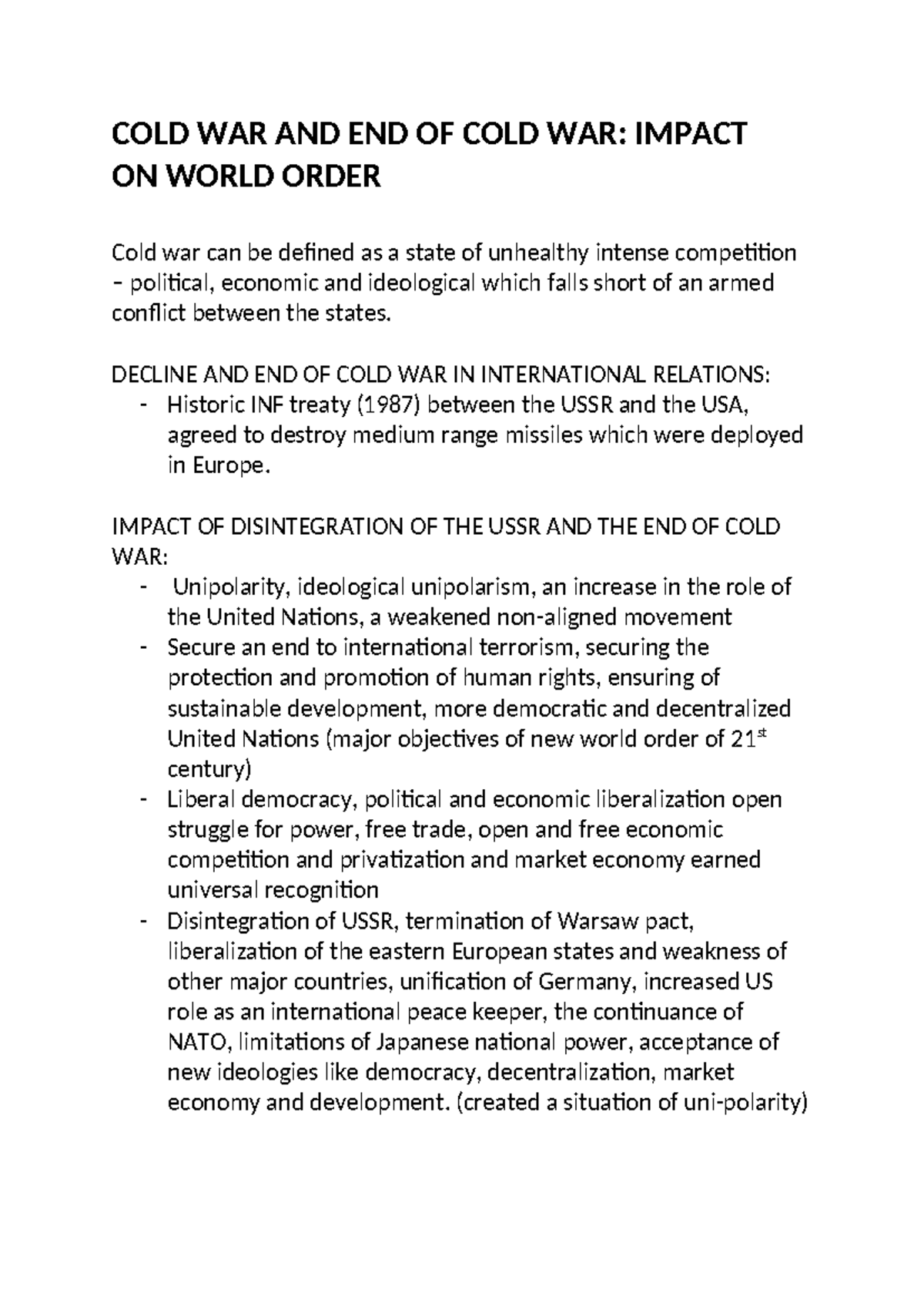 COLD WAR AND END OF COLD WAR - DECLINE AND END OF COLD WAR IN ...