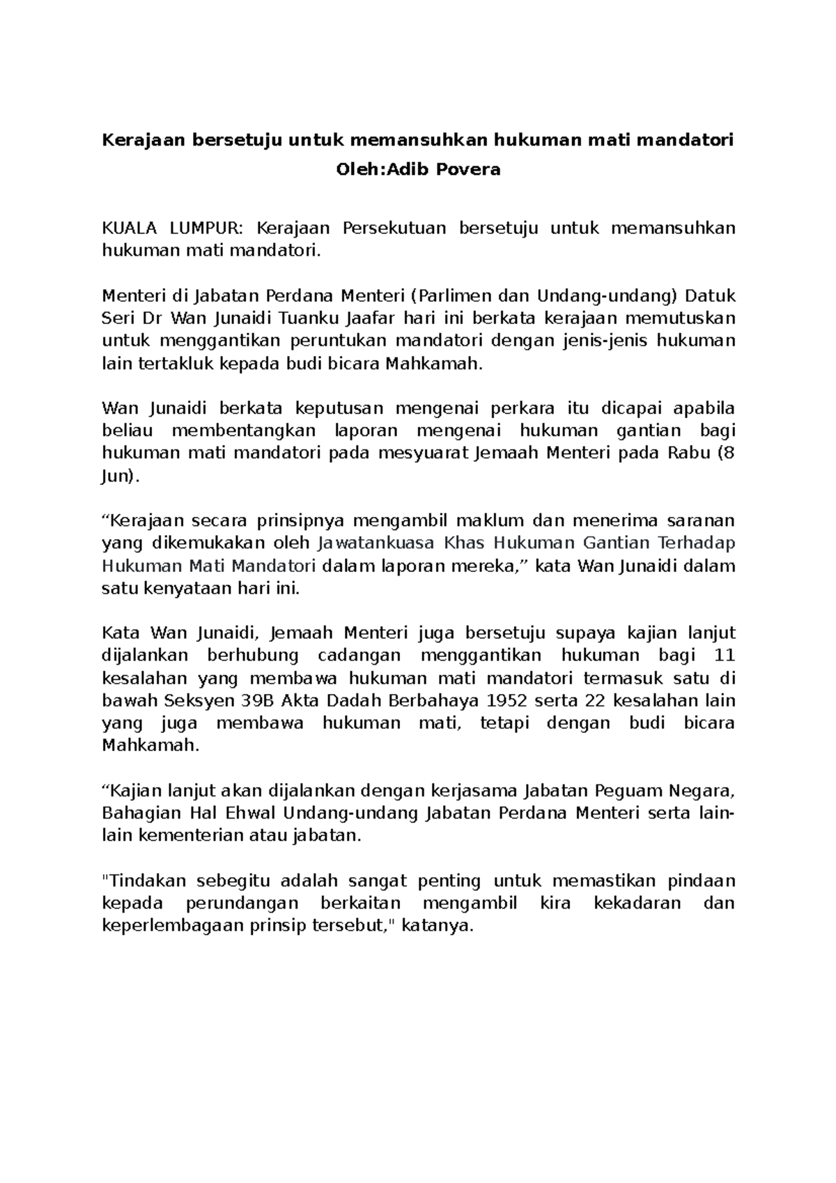 Amali Terjemahan 2 - Kerajaan bersetuju untuk memansuhkan hukuman mati ...