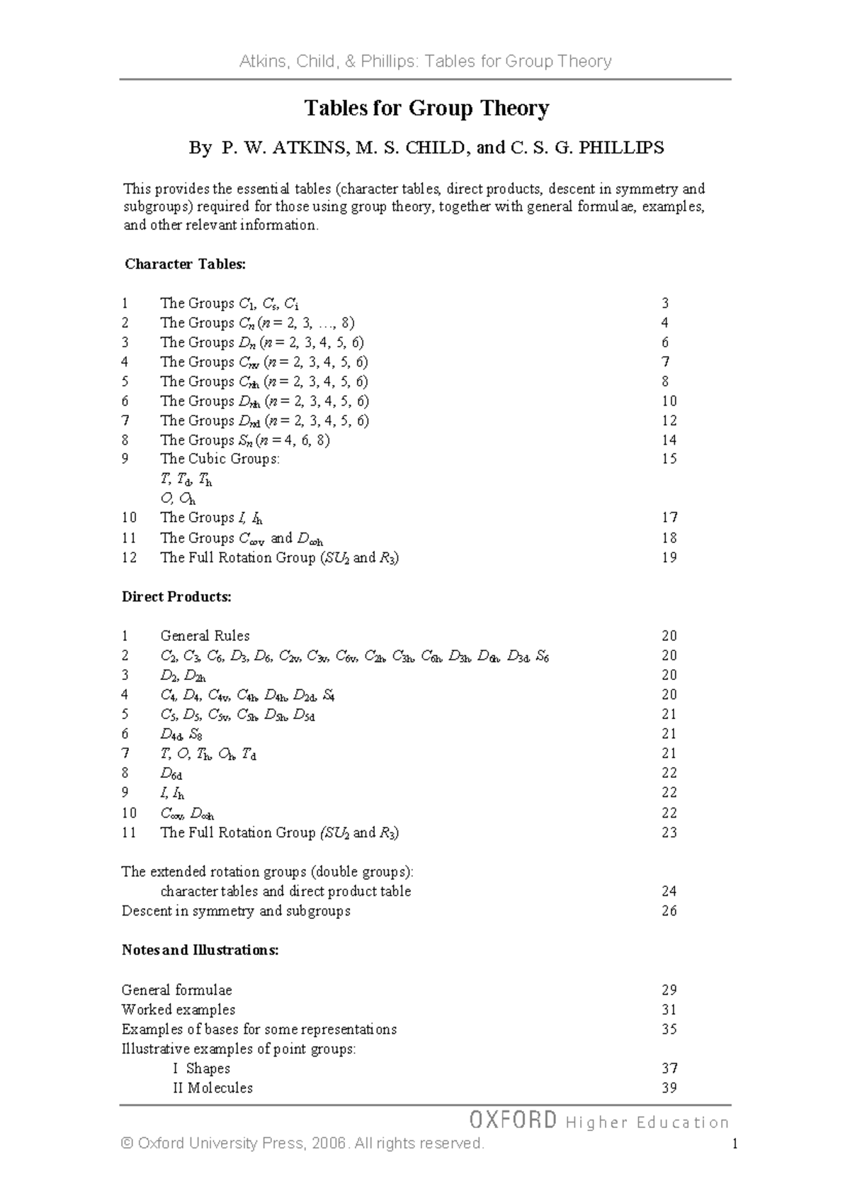 Common Character Tables - O XFORD H i g h e r E d u c a t i o n Tables for Group Theory By P. W ...