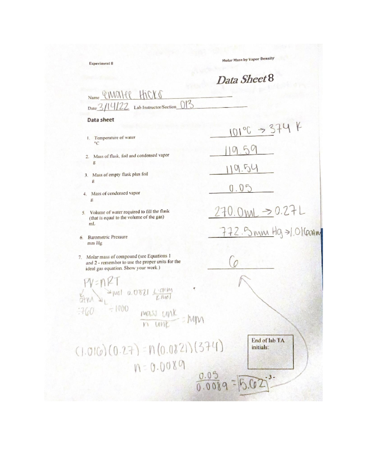 Lab 8 Calculations - CHEM 111L - Studocu