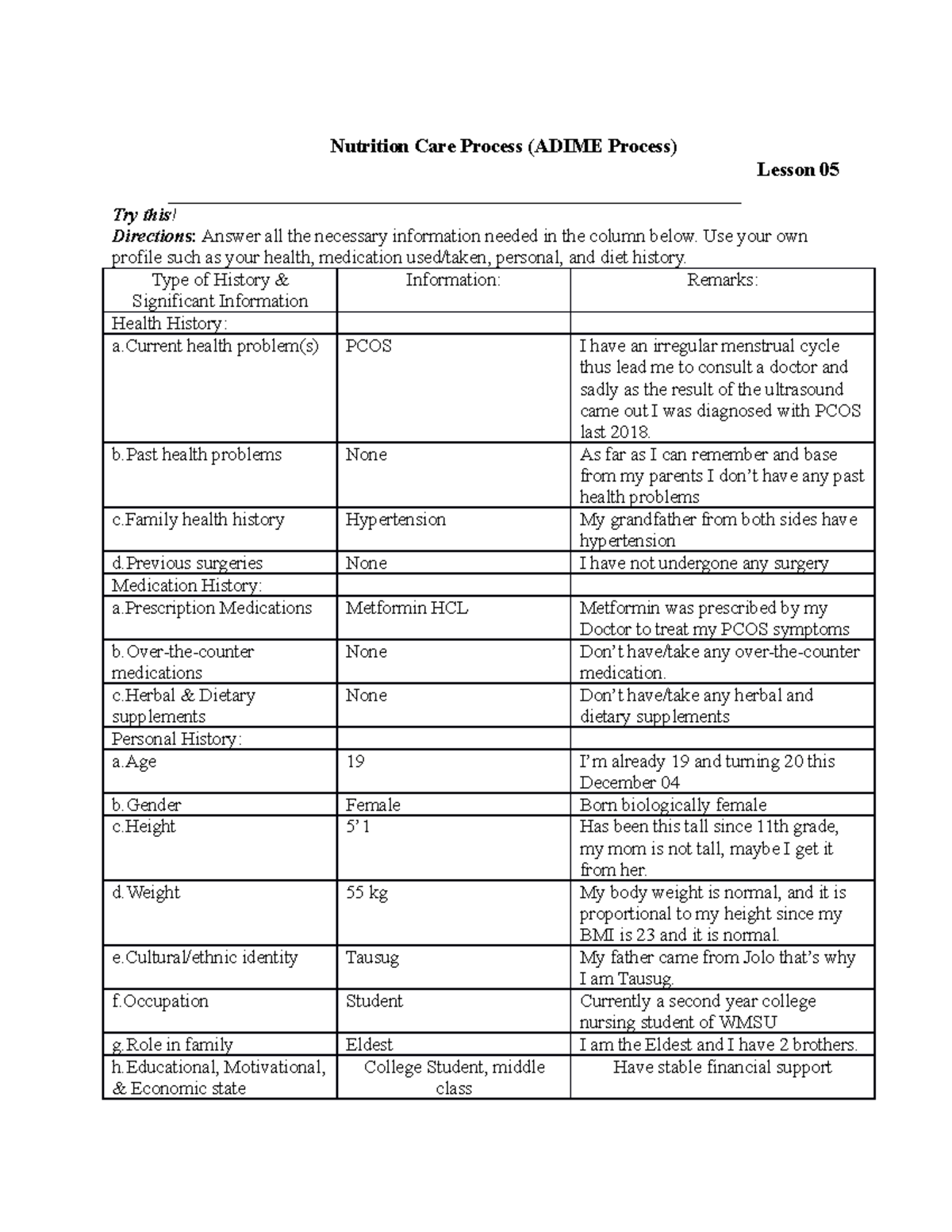 Nutrition Care Process Adime Process BS Nursing UZ StuDocu