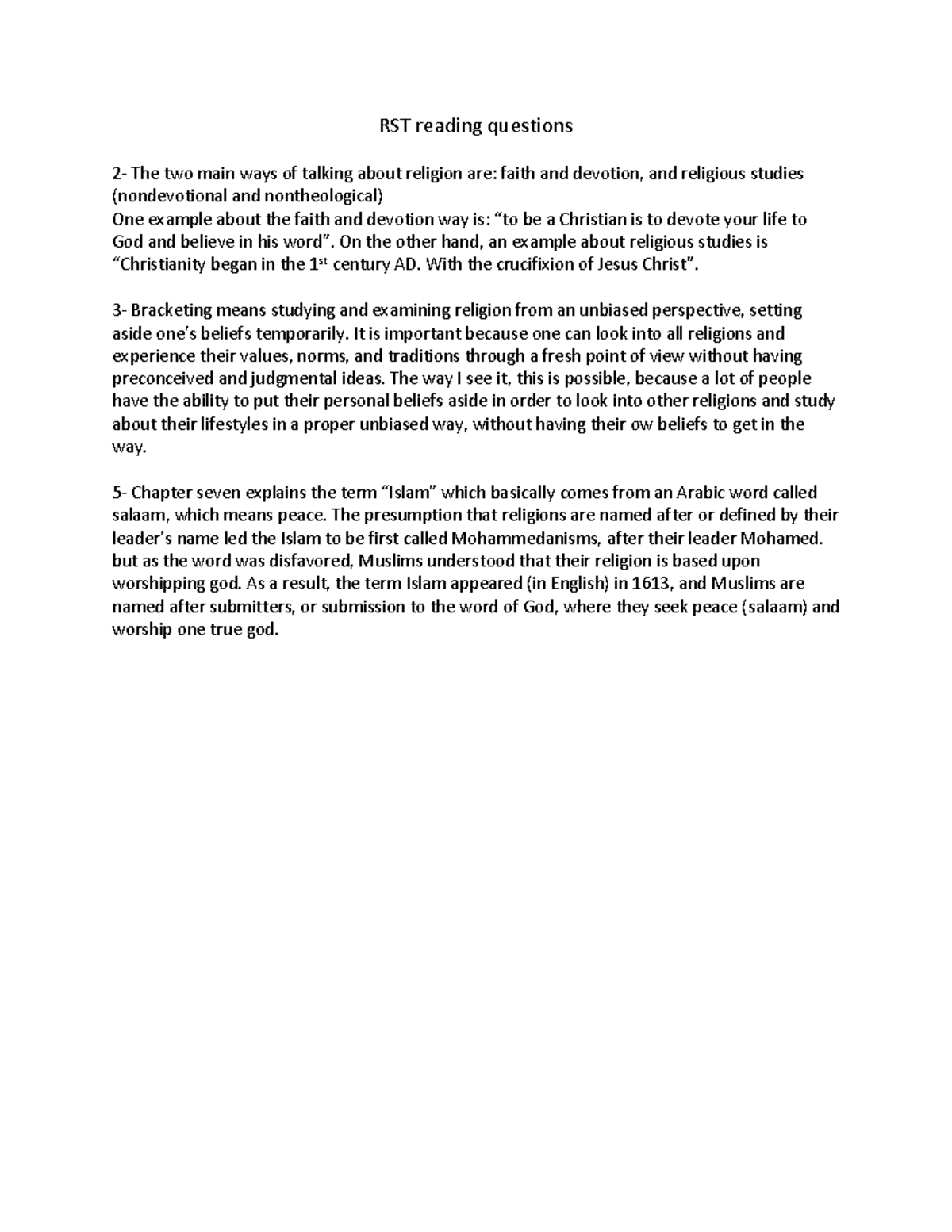 RST reading questions week 1 - RST reading questions 2- The two main ...