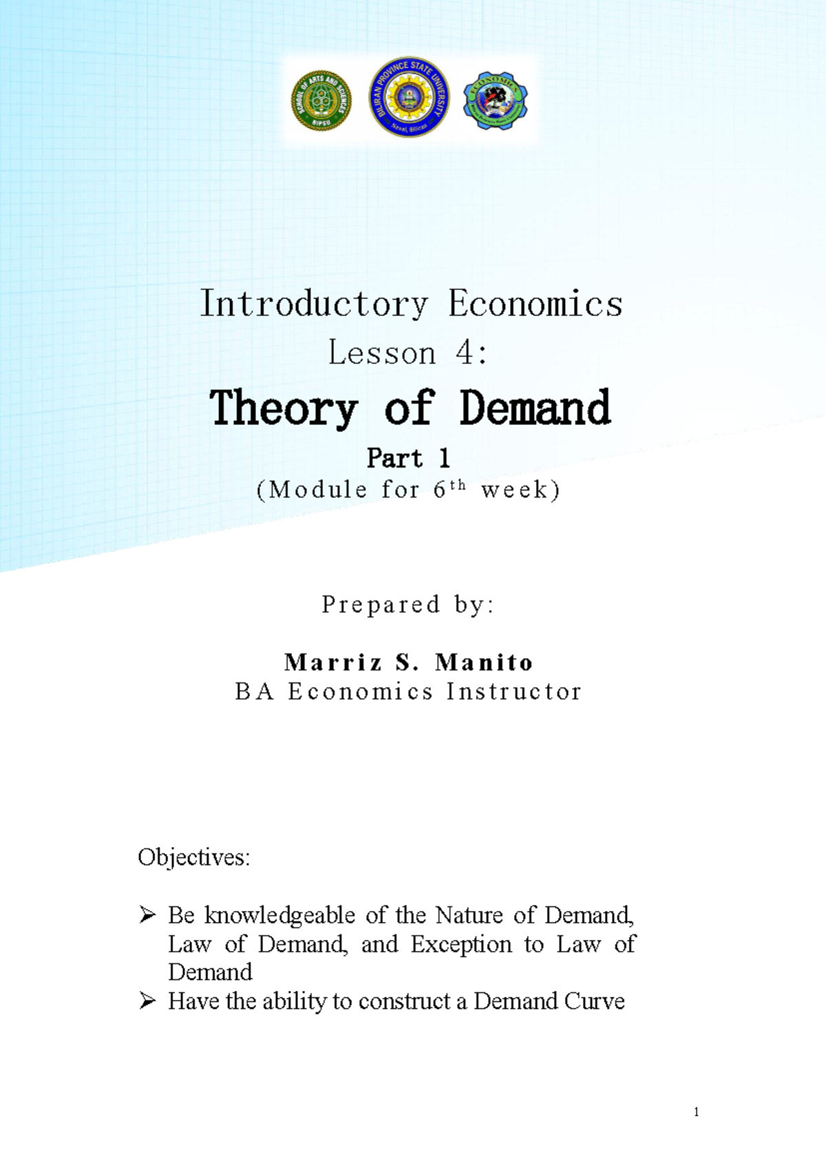 Theory of Demand Part 1 Module - Introductory Economics Lesson 4 ...