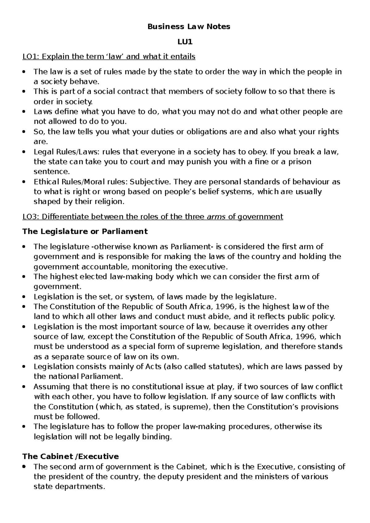 Business Law Notes to print - Business Law Notes LU LO1: Explain the ...