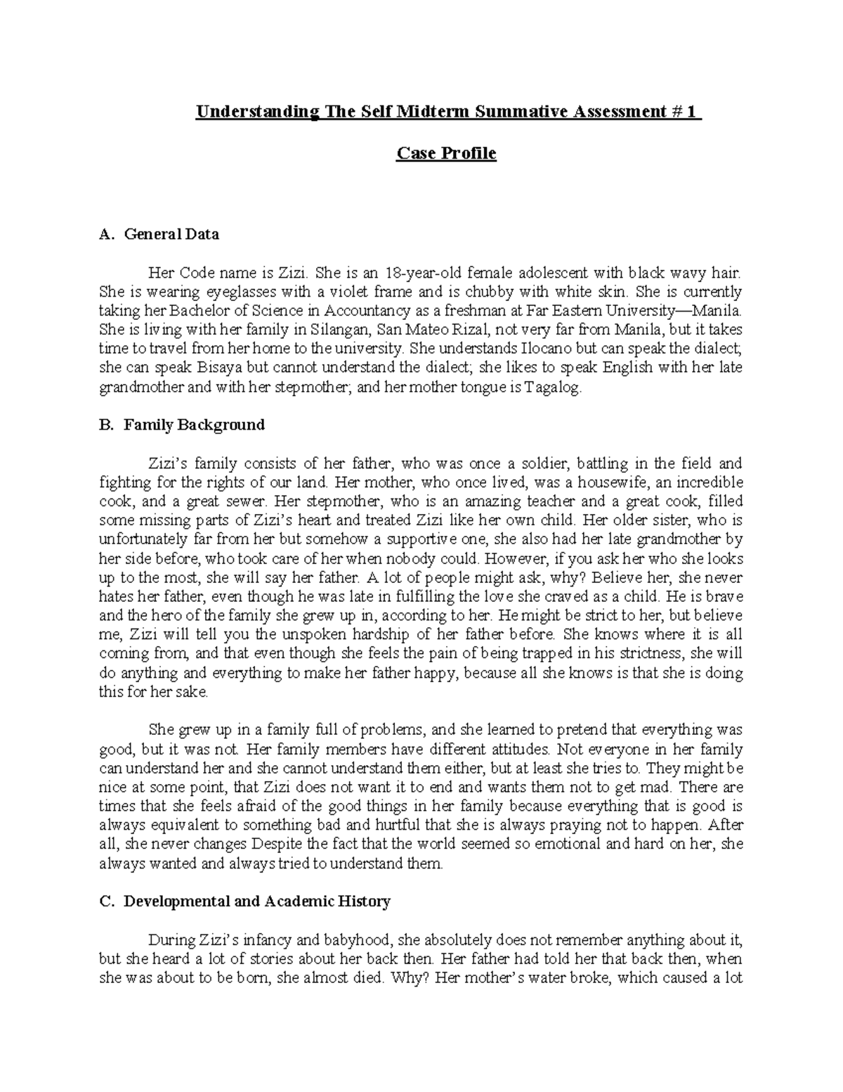 GED110 SA Midterm - Understanding The Self Midterm Summative Assessment # 1 Case Profile A ...