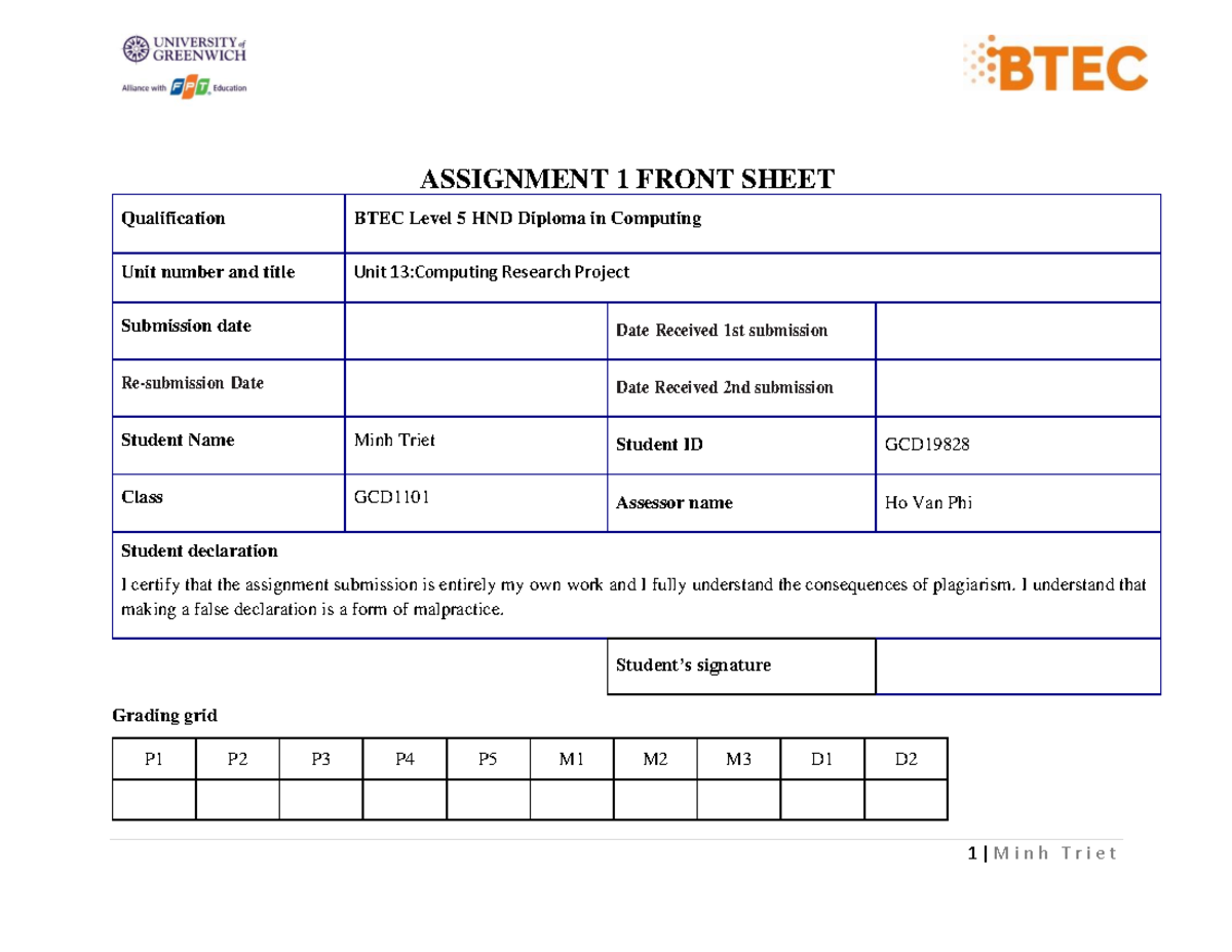 ASM1 - advandPrograming - ASSIGNMENT 1 FRONT SHEET Qualification BTEC Level 5 HND Diploma in ...
