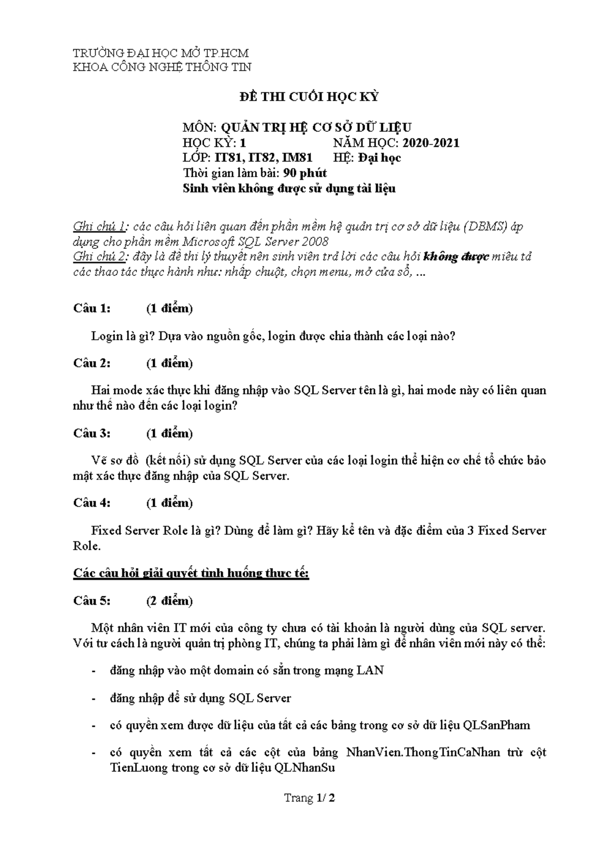 De LT Qthcsdl HK1 2021 - fsdfsdfsd - Trang 1/ 2 TR ̄ÞNG ¾I HÞC MÞ TP ...