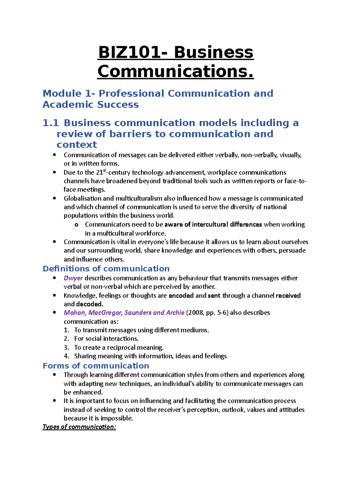 Business communication study note - BIZ101- Business Communications ...