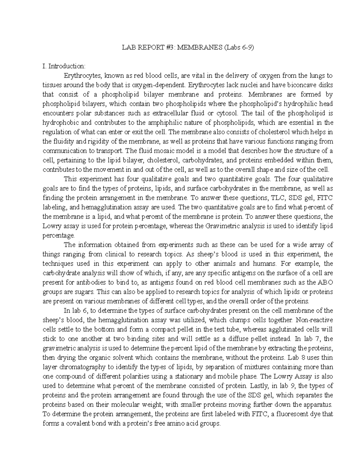Biochem lab 3 - Lab report - LAB REPORT #3: MEMBRANES (Labs 6-9) I ...