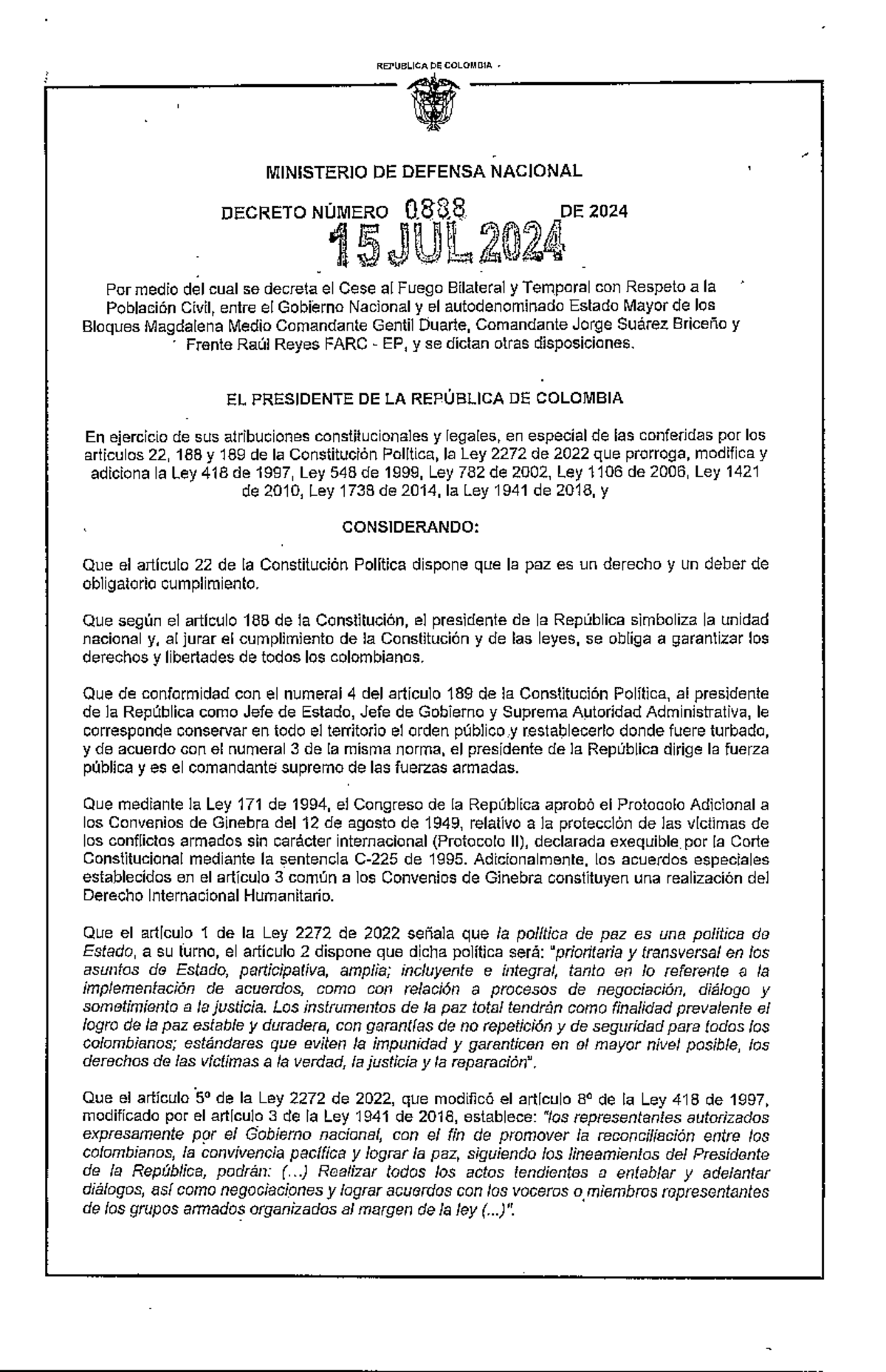 Decreto 0888 de 2024 CF EMC - REPUBLICA DE COLOMBIA MINISTERIO DE ...