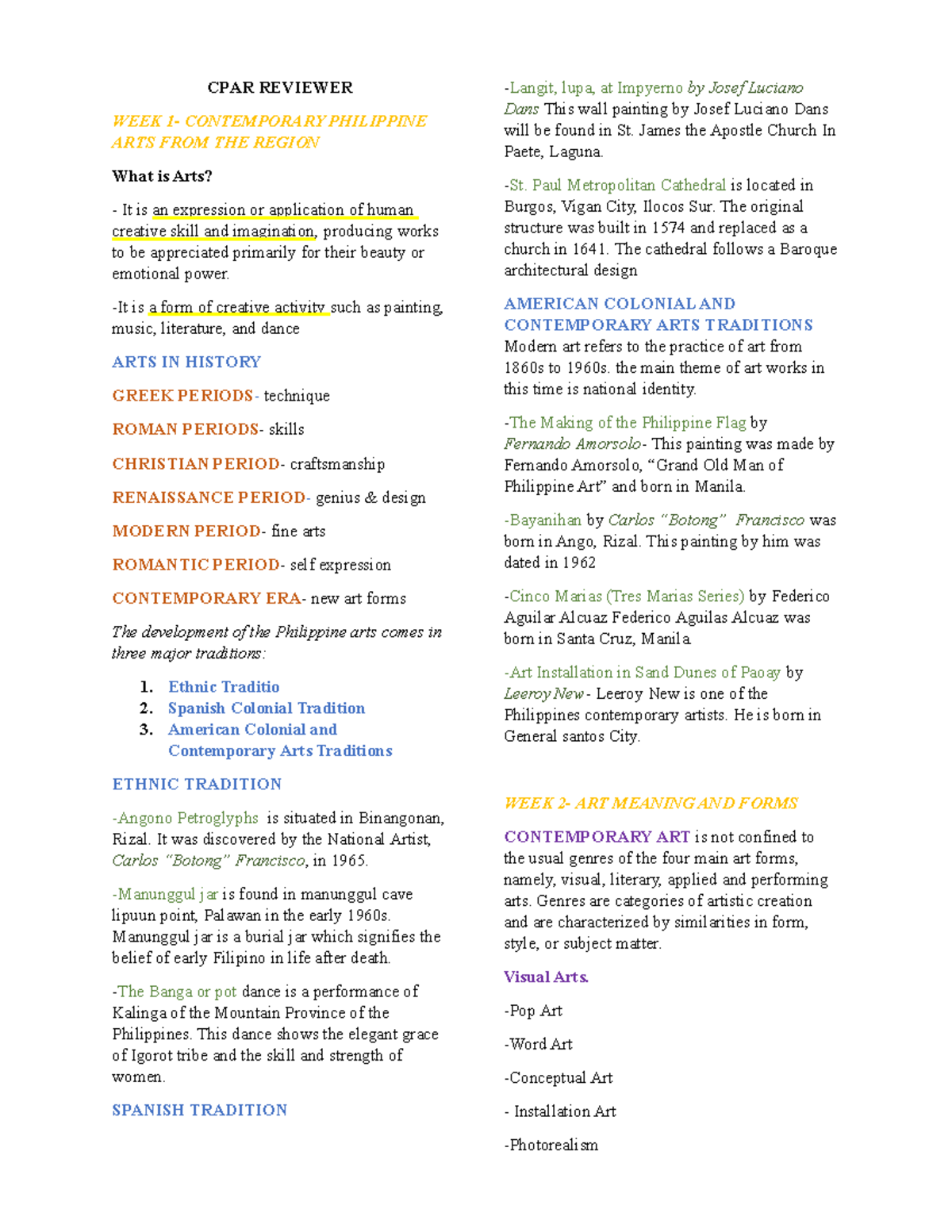CPAR- Reviewer - CPAR REVIEWER WEEK 1- CONTEMPORARY PHILIPPINE ARTS ...