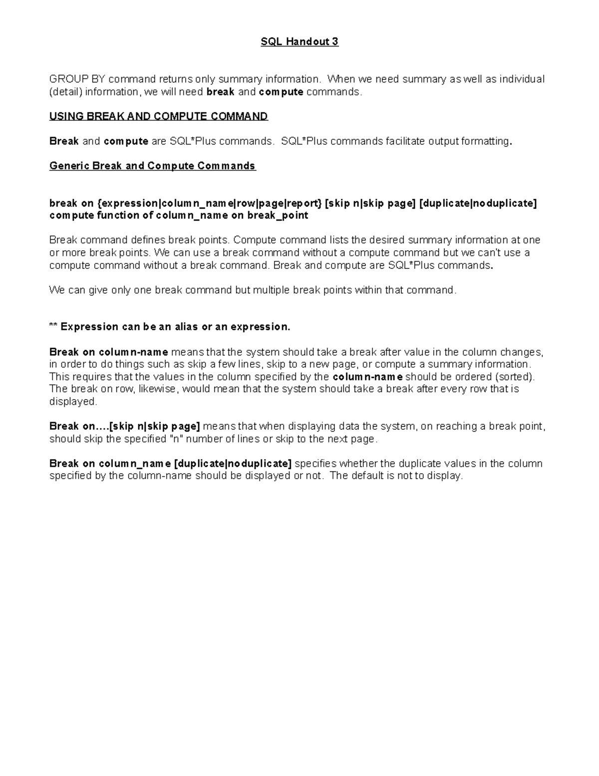 SQL Handout 3 - SQL basics to advanced topics with a number of example ...