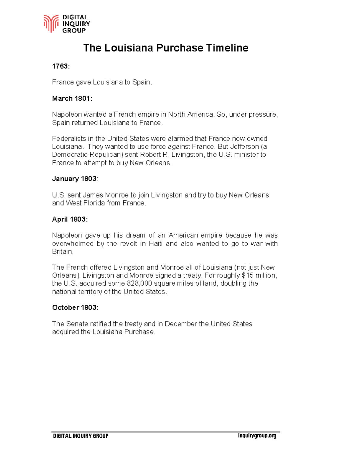 Louisiana Purchase Student Materials - The Louisiana Purchase Timeline ...