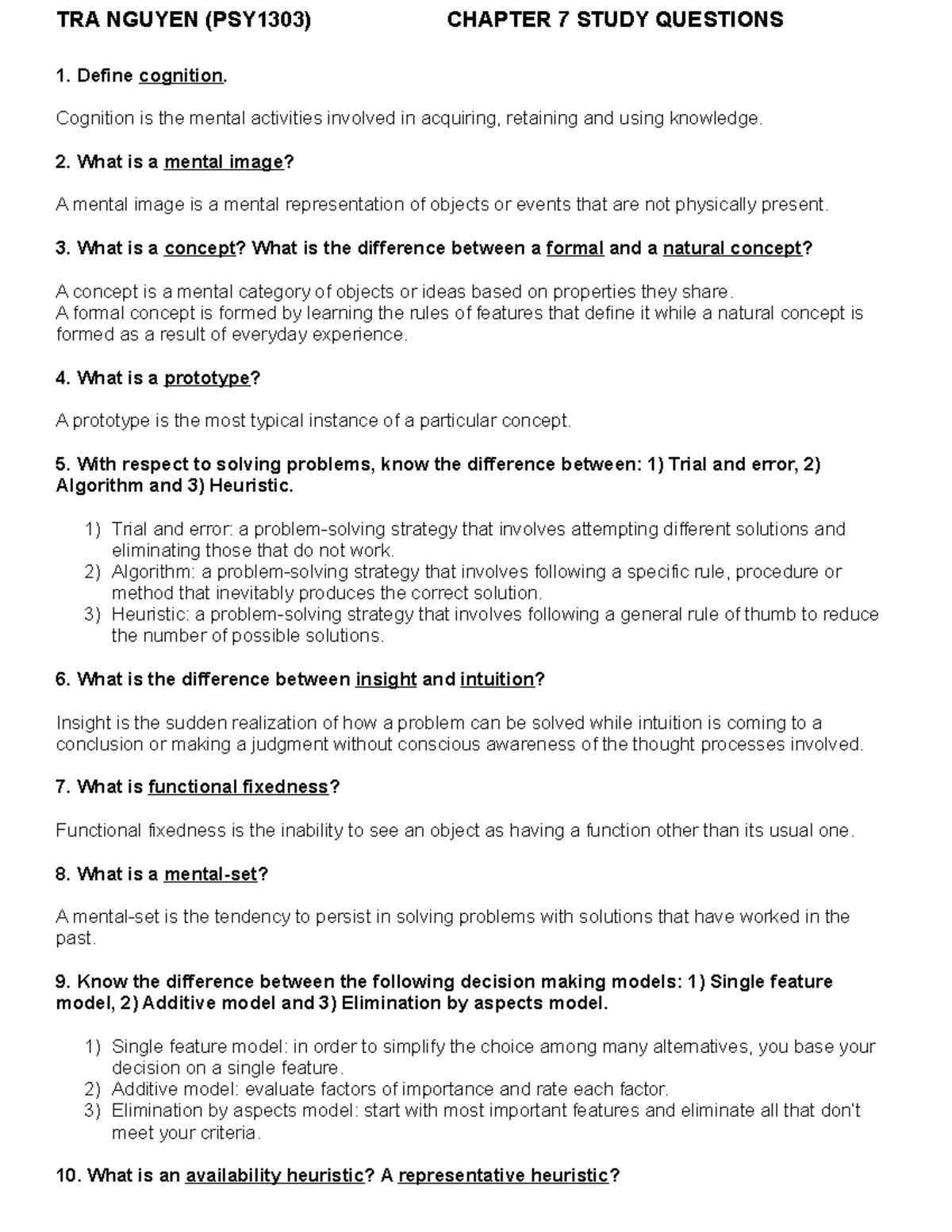 Chapter 7 - TRA NGUYEN (PSY1303) CHAPTER 7 STUDY QUESTIONS 1. Define ...