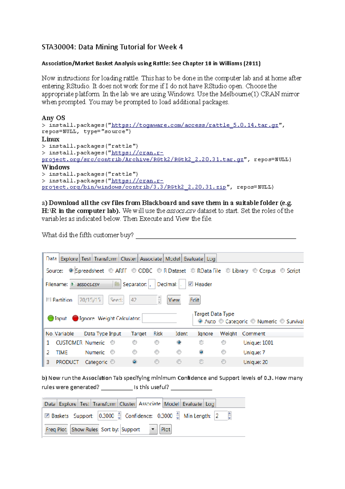 STA30004 week 4 tutorial - STA30004: Data Mining Tutorial for Week 4 Association/Market Basket ...