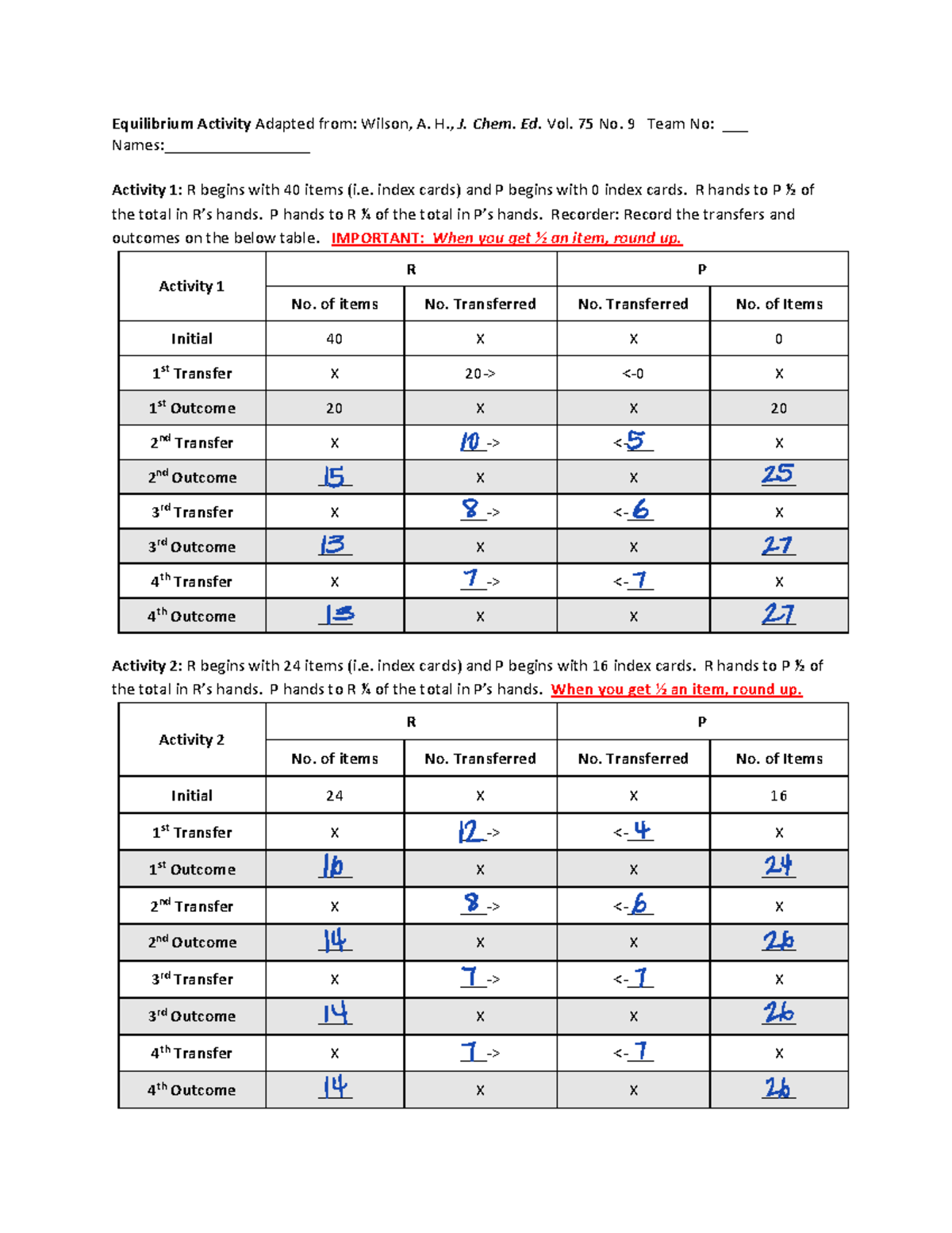 Worksheet 8 - Equilibrium Activity Adapted from: Wilson, A. H., J. Chem ...