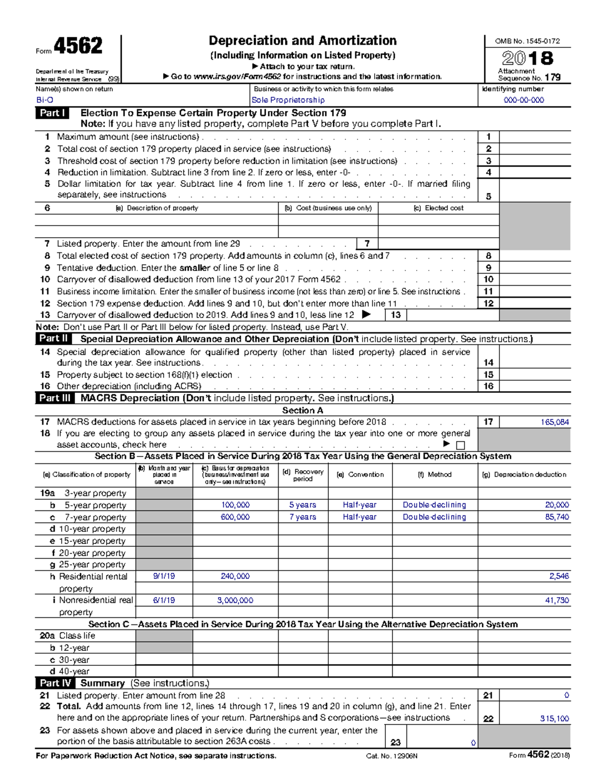 Form 4562 Final This Document Has The Filled Out Form 4562 For The