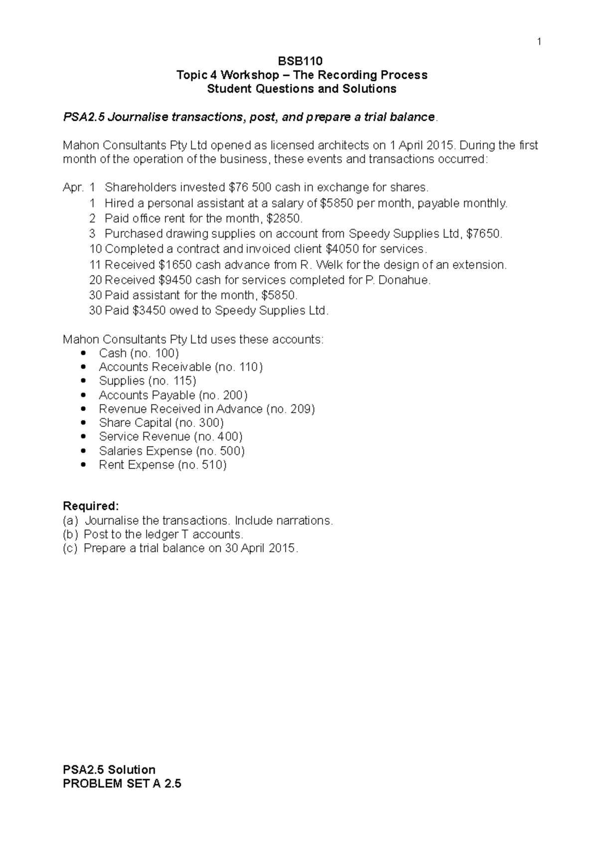 Topic 4- Answers - 1 BSB110 Topic 4 Workshop The Recording Process ...