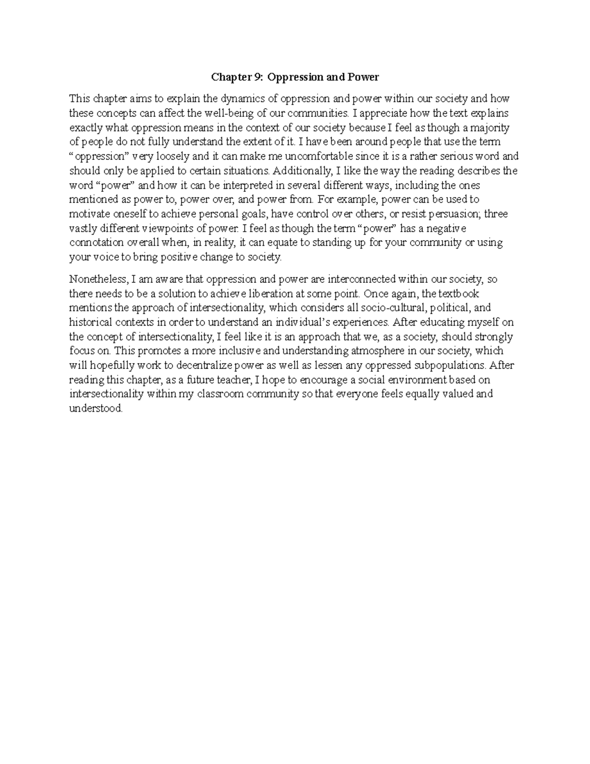 PSYC 425 - Chapter 9 Reflection - Chapter 9: Oppression and Power This ...