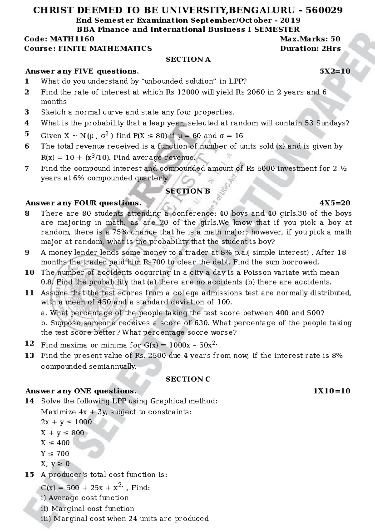 MATH1160 - Its a question paper - CHRIST DEEMED TO BE UNIVERSITY ...